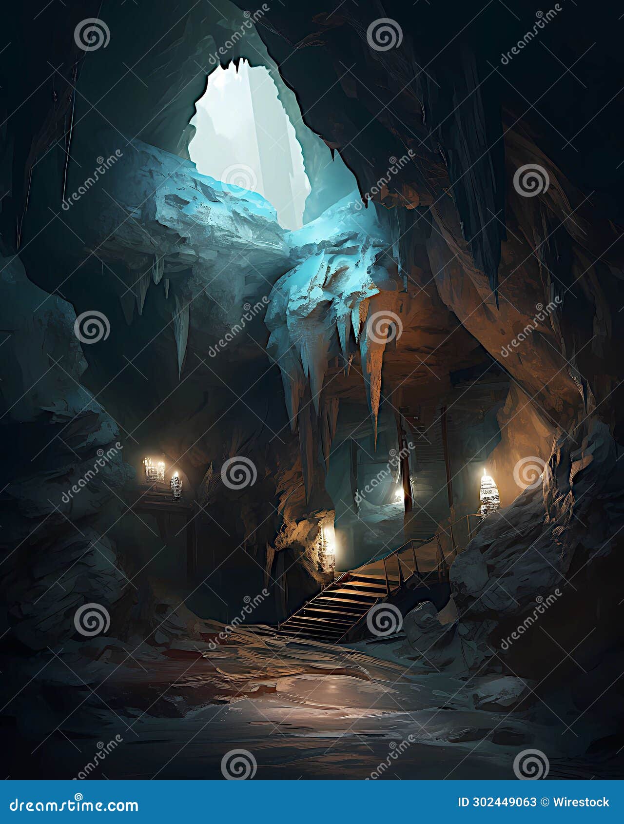 Some Lights Shine Inside an Icy Cave in the Background is an ...