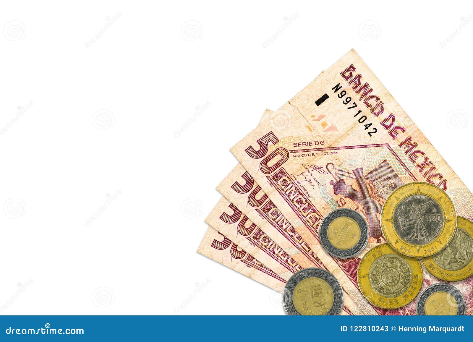 Some Mexican Peso Bank Notes and Coins Stock Image - Image of note ...