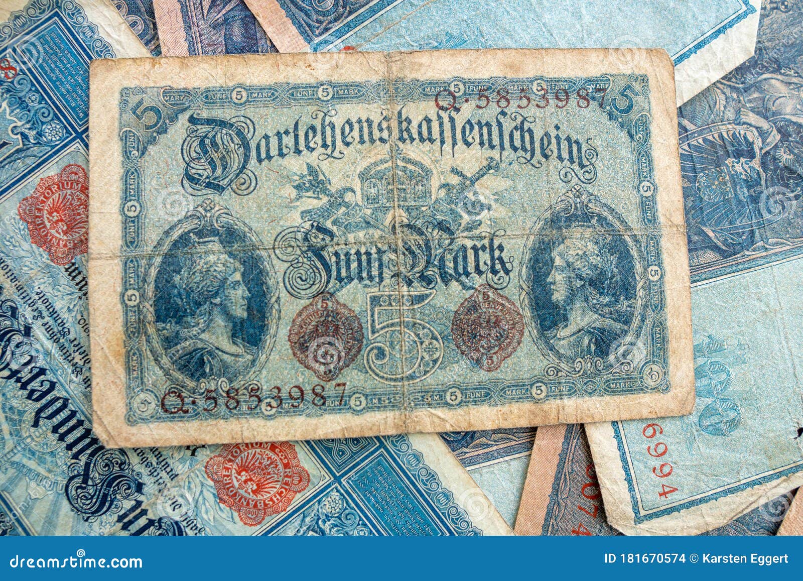 Some Old Historical German Banknotes Lie Spread Out on a Table Stock ...
