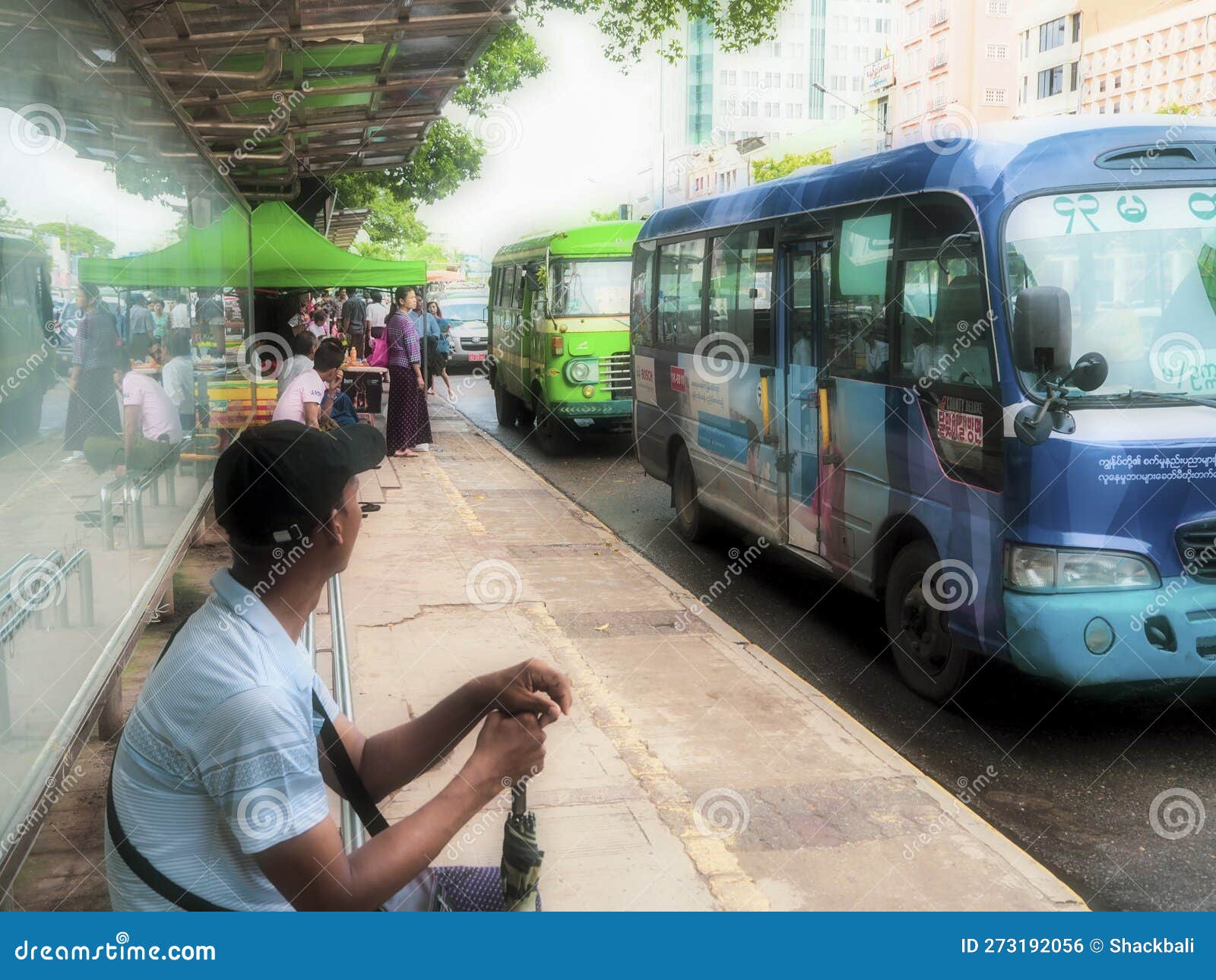 Some Passengers are Waiting at the Bus Stop of Yangon, Myanmar ...