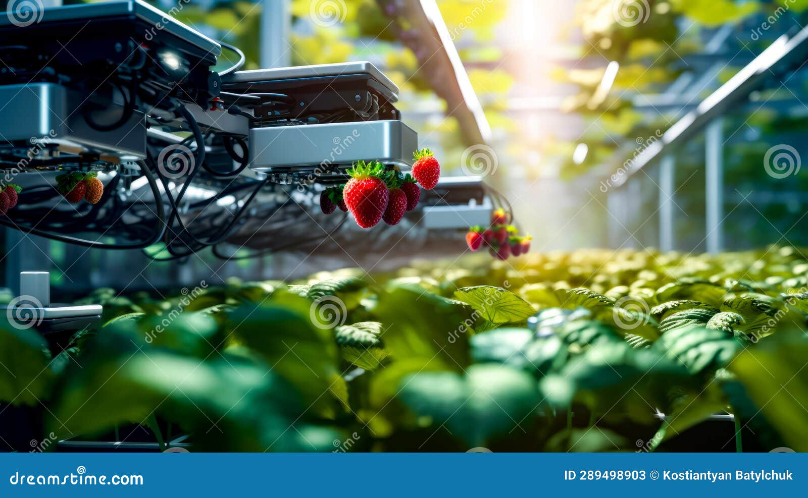 Some Strawberries are Hanging from Machine in Field of Strawberries ...