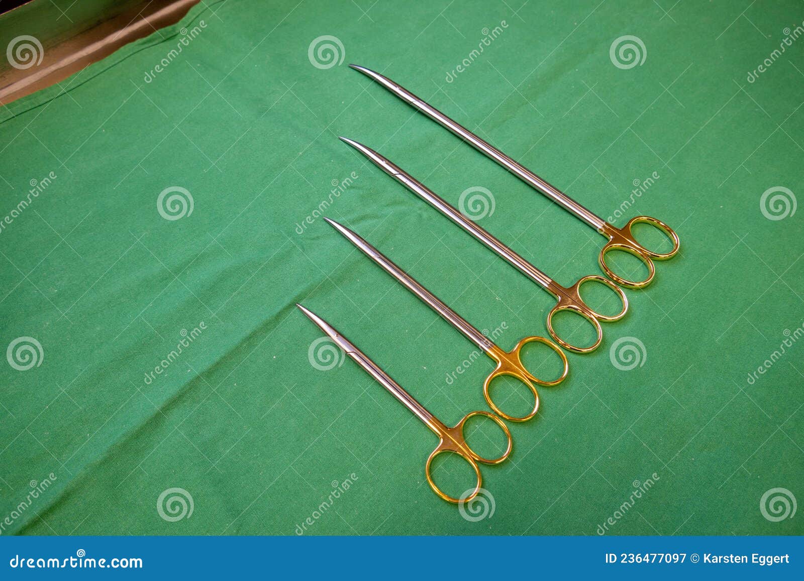 Some Surgical Scissors of Different Sizes Lie Side by Side on a Green ...