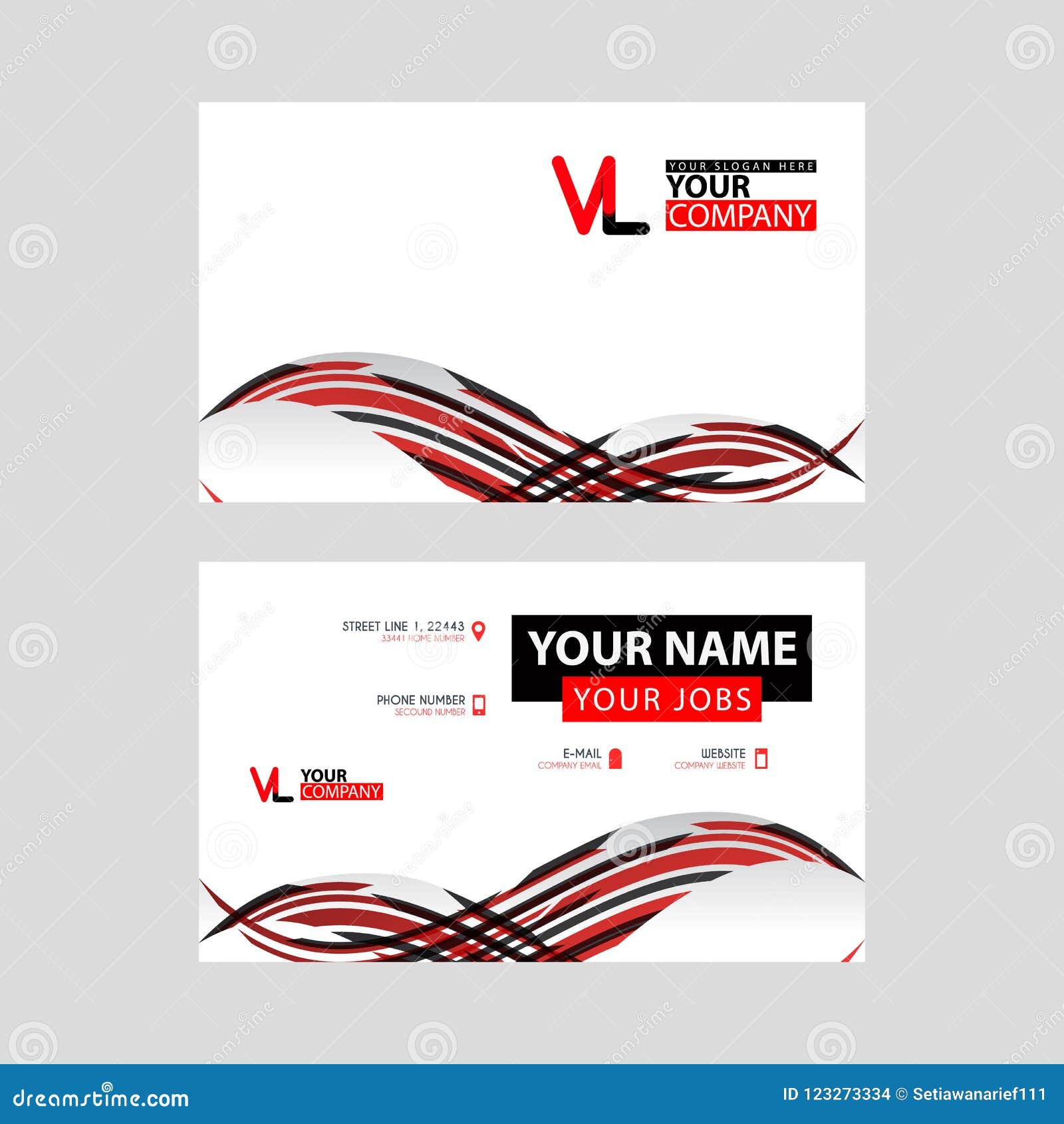 Horizontal Name Card with VL Logo Letter and Simple Red Black and ...