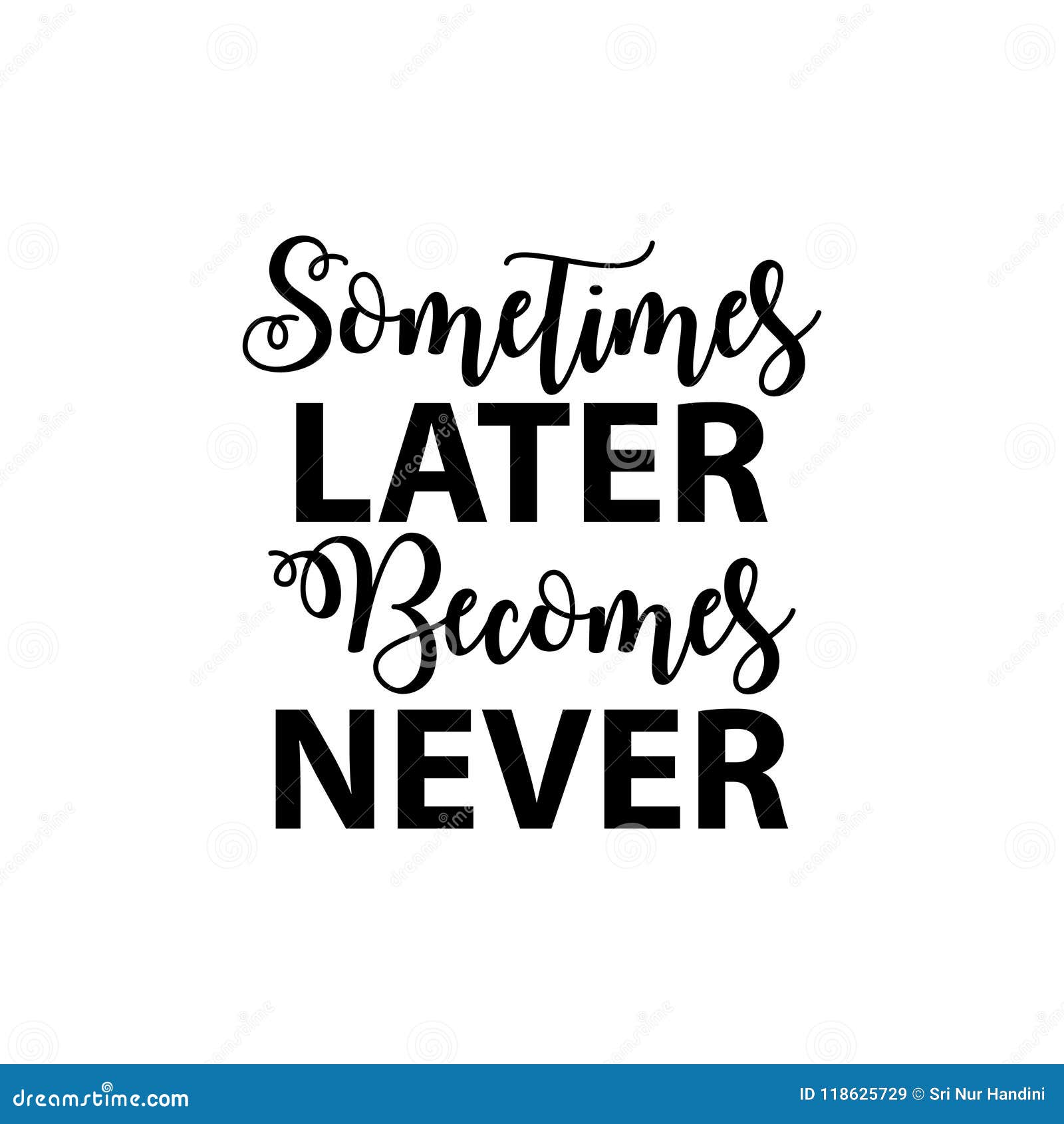 Sometimes Later Becomes Never Black And White Hand Lettering Vector ...