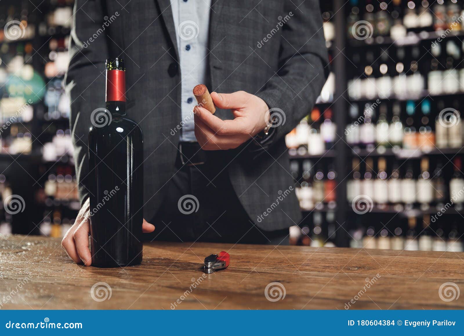 Sommelier Man Sniffing Cork of Red Wine Bottle Corkscrew Stock Photo ...