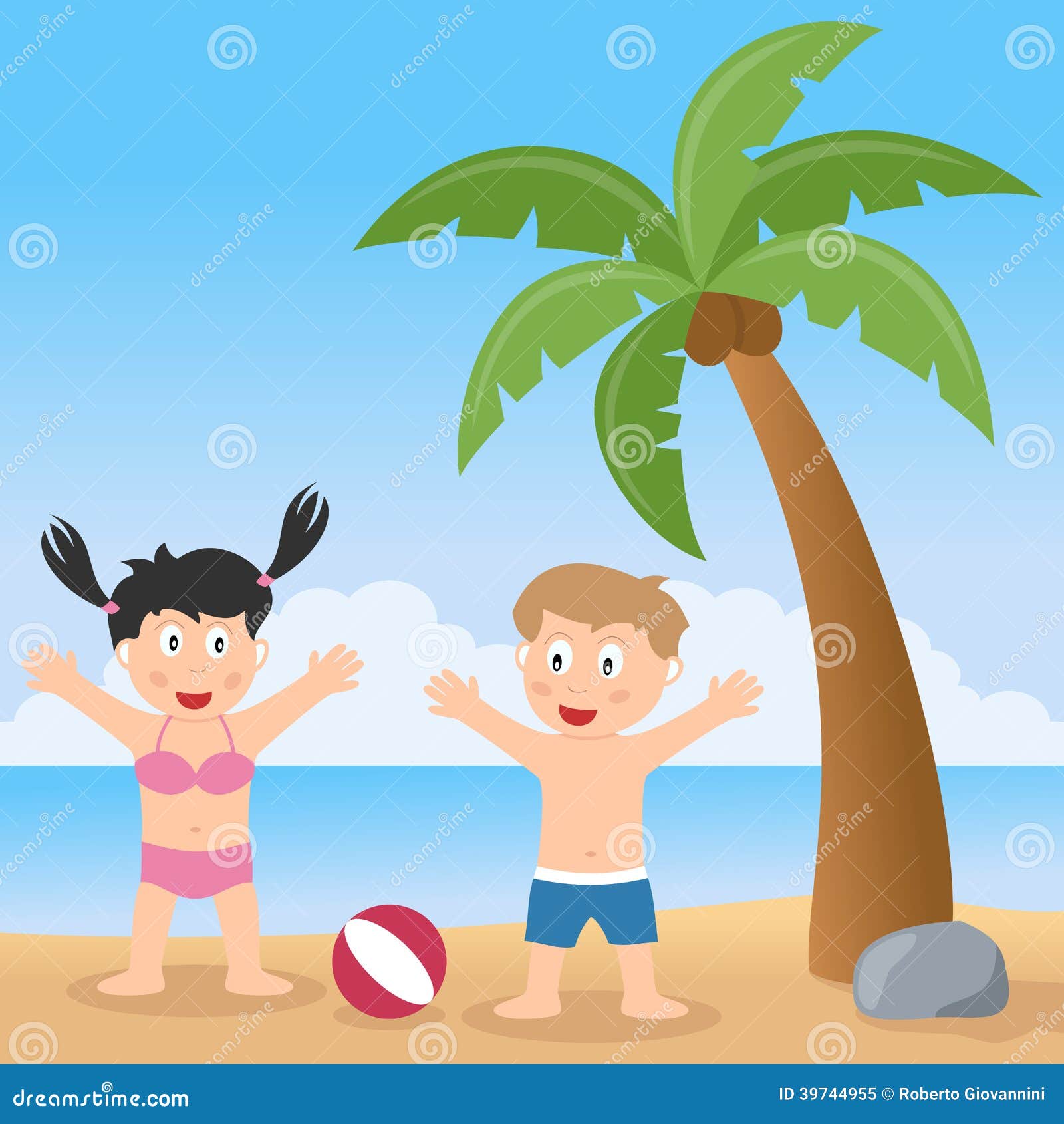 Sommer-Strand Mit Palme Und Kindern Vektor Abbildung - Illustration von ...
