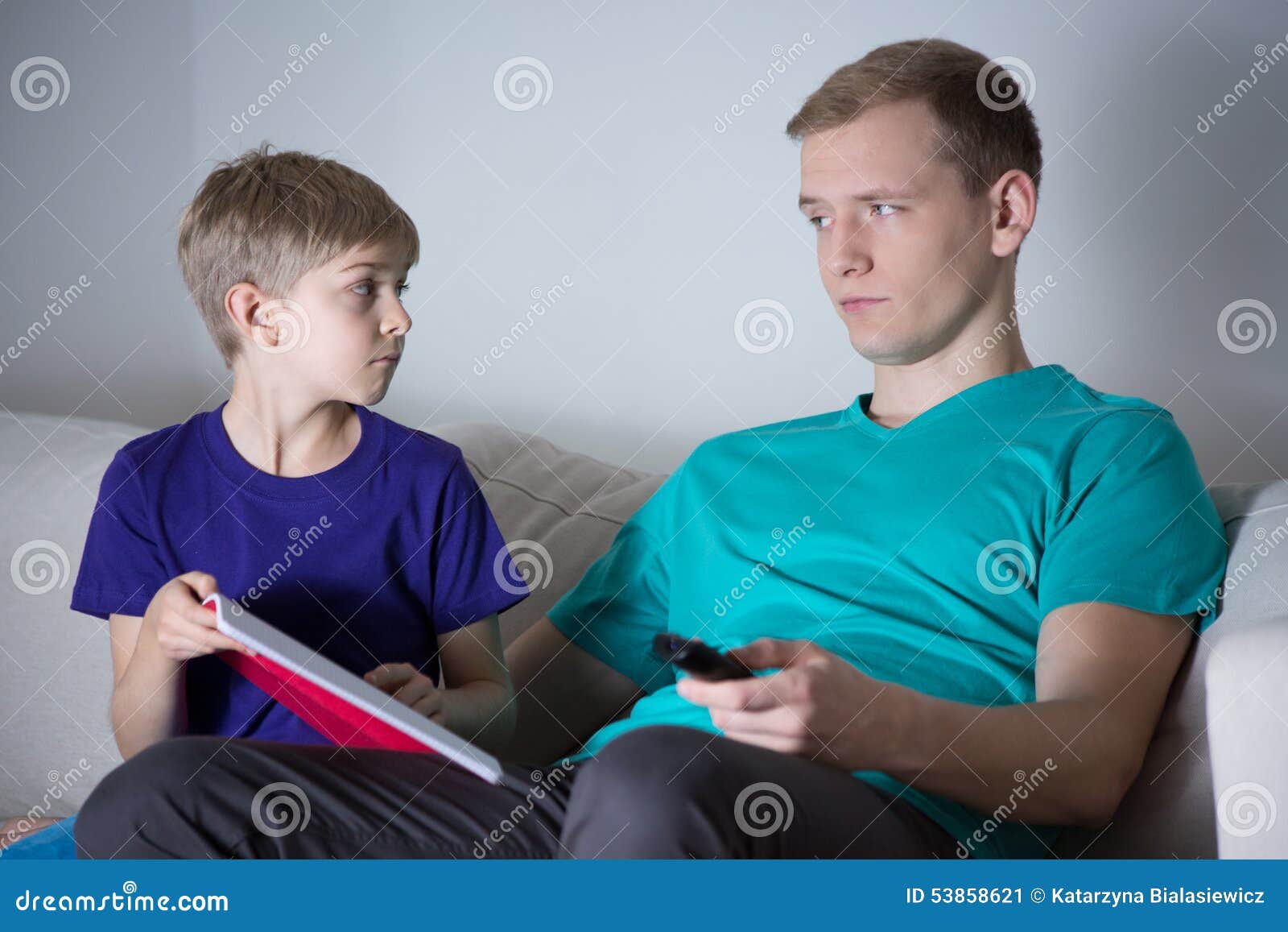 Son Asks His Father for Help Stock Image - Image of television, problem ...
