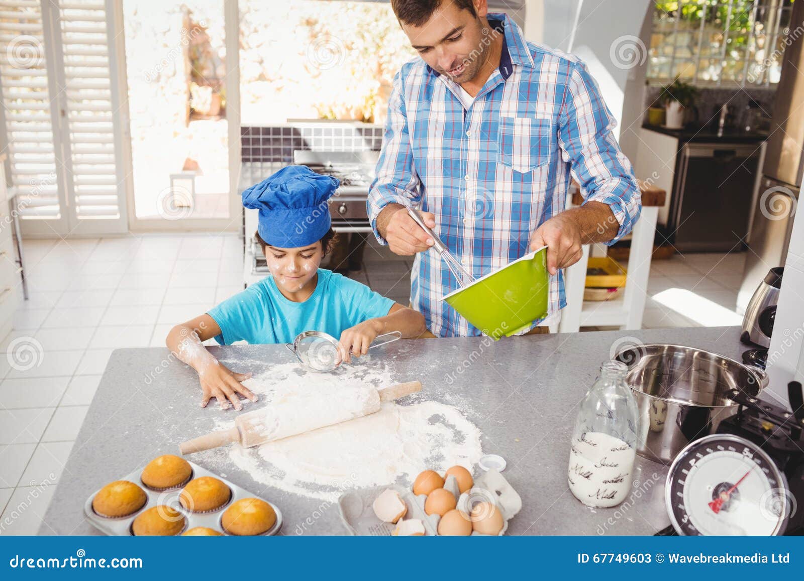 Son Helping Father in Preparing Food Stock Image - Image of casual ...