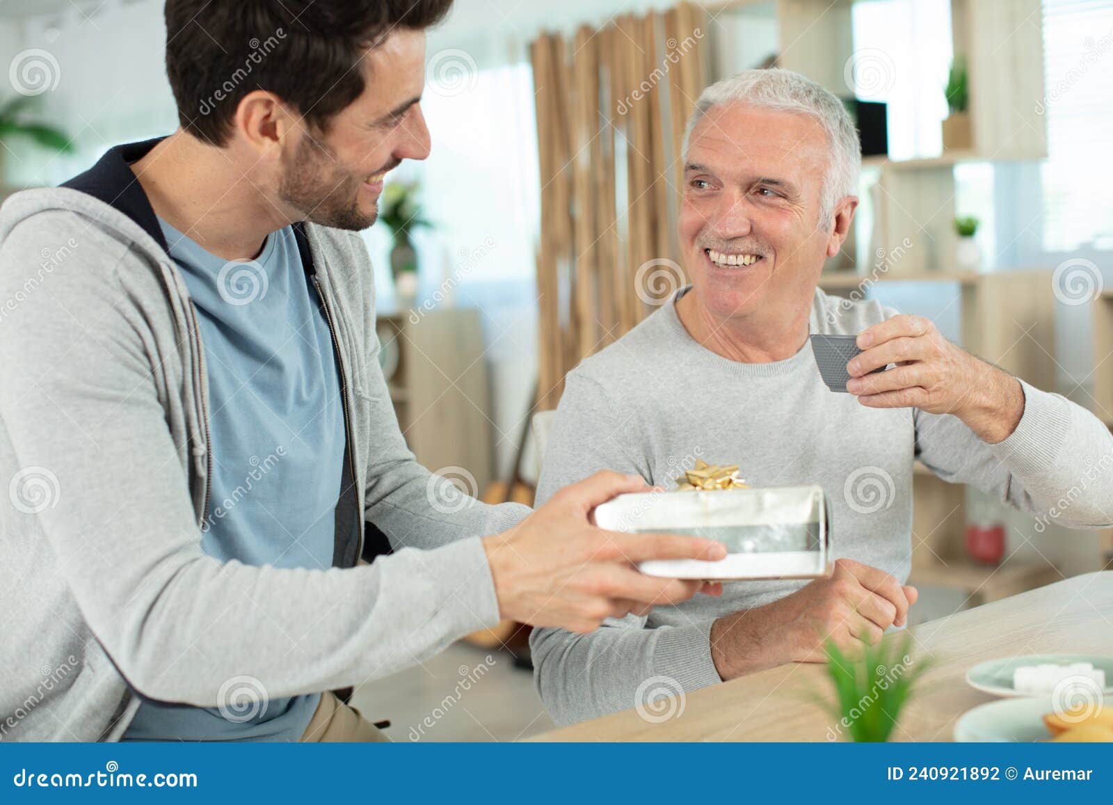 Son and Senior Father Eating Light Lunch Stock Photo - Image of ...
