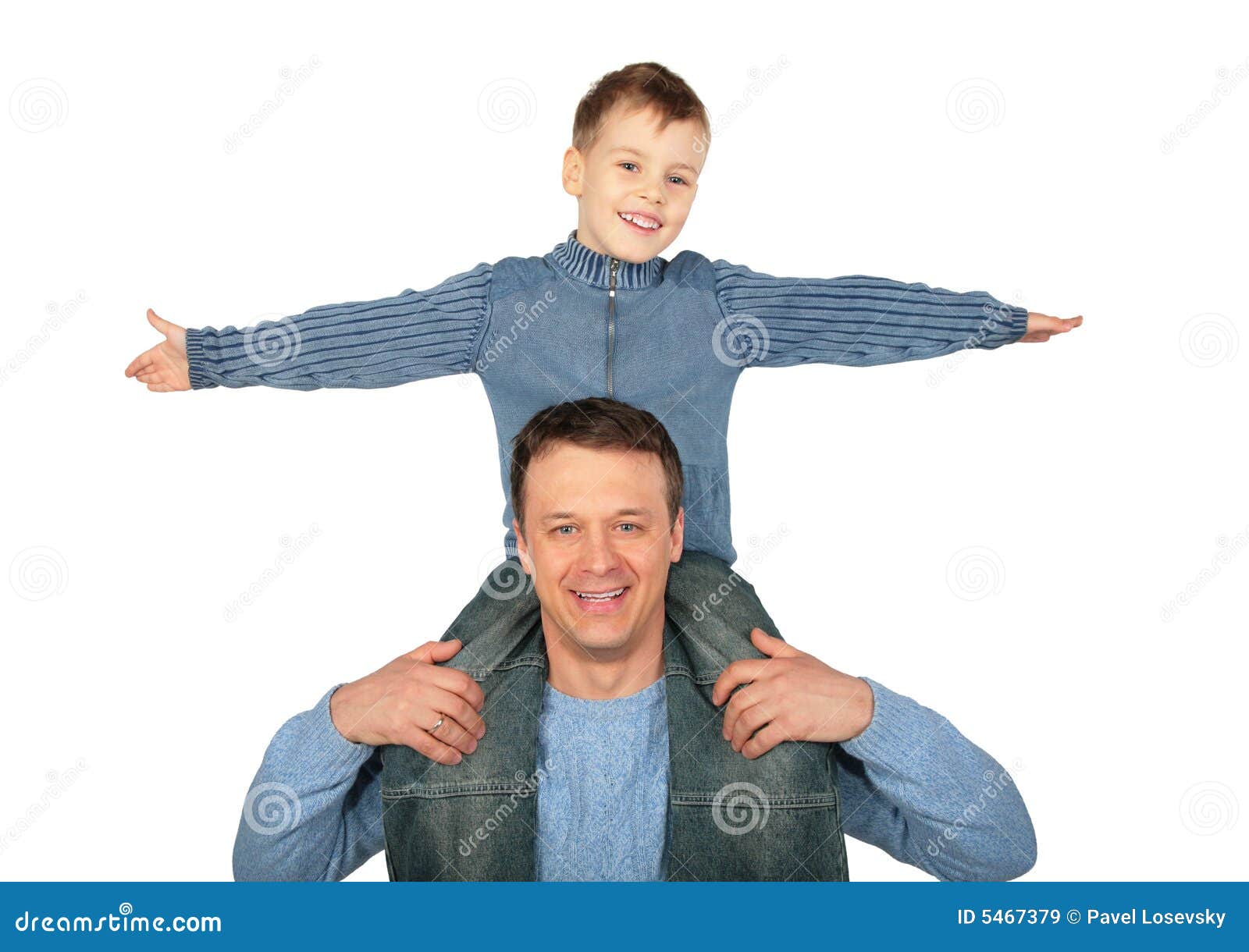 Son Sits on Father`s Shoulders Stock Image - Image of faces, sweater ...