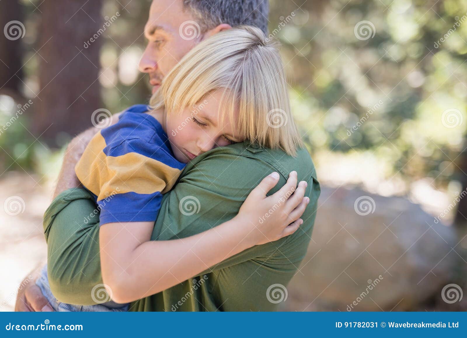 Son Sleeping on Fathers Shoulder in Forest Stock Image - Image of ...