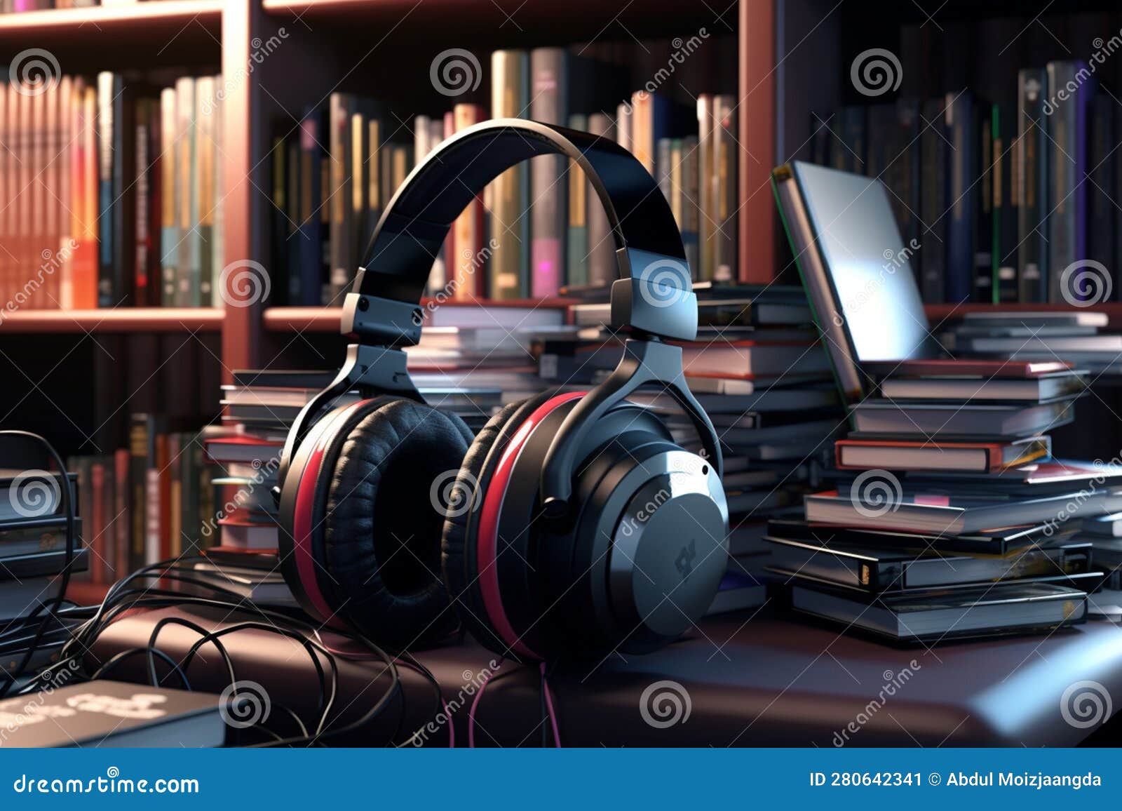 Sonic Immersion, Headphones and Stacks of Books in the Library Stock ...