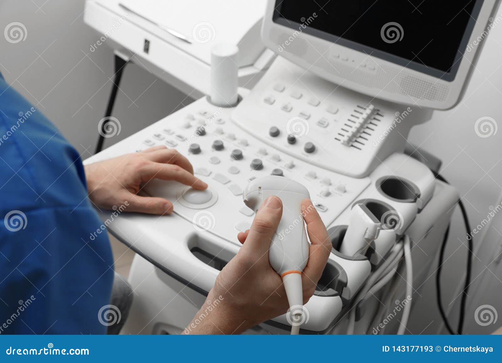 Sonographer Operating Modern Ultrasound Machine in Clinic Stock Image ...