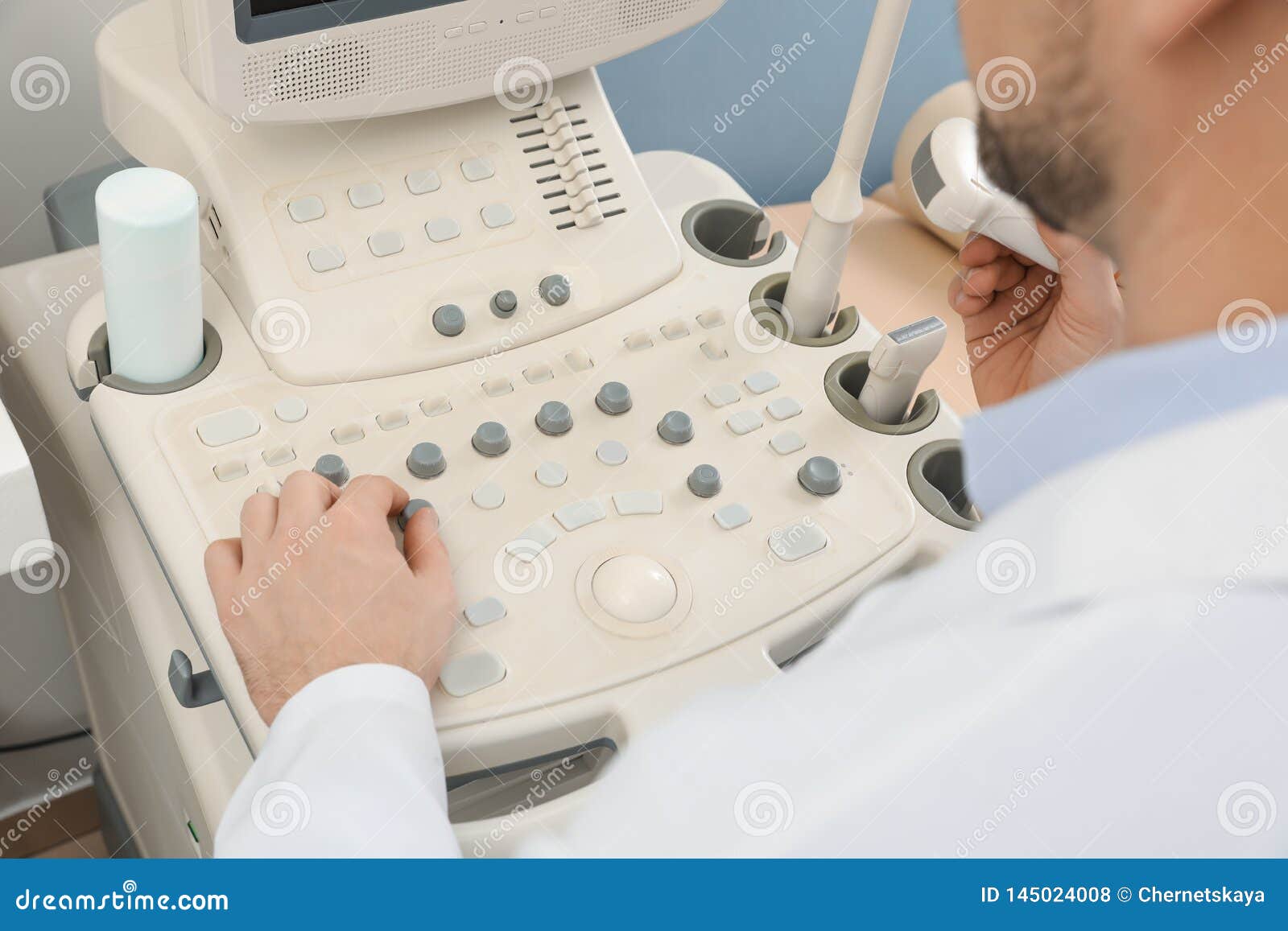 Sonographer Operating Modern Ultrasound Machine in Clinic, Stock Photo ...