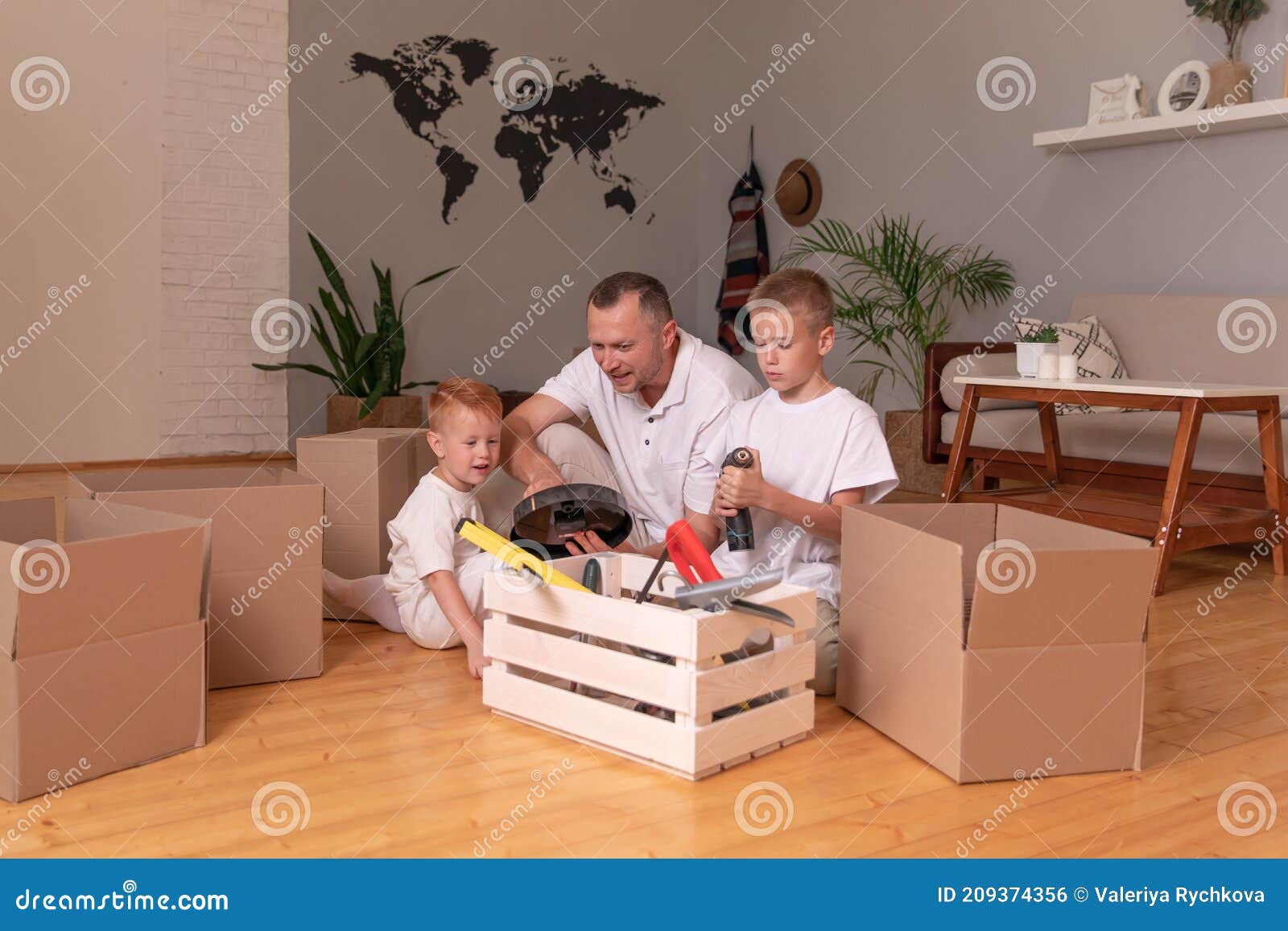 Sons and Father Make Repairs in the House. Toolbox Stock Photo - Image ...