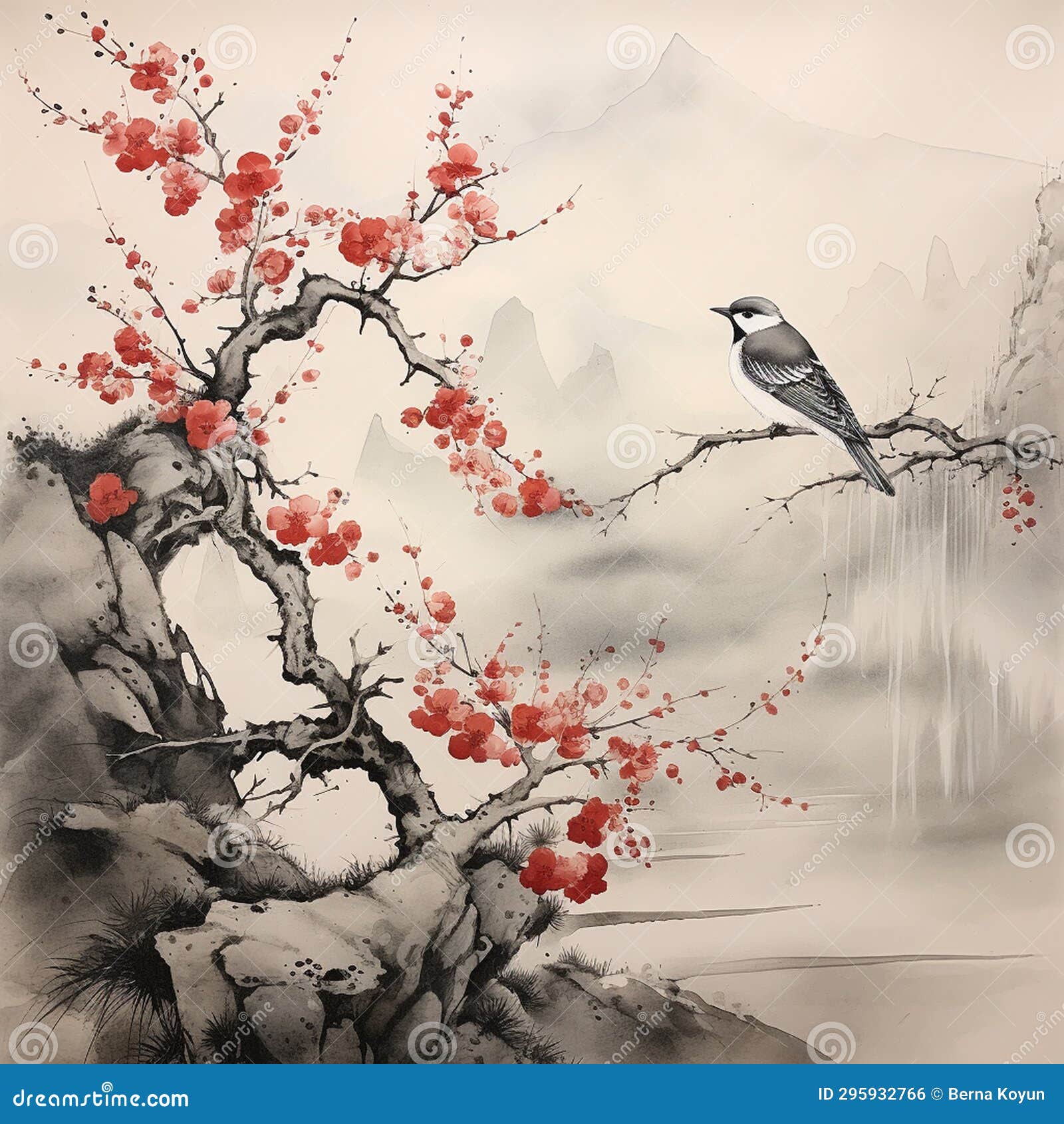 Soothing Abstract Sumi-e Ink Painting Stock Illustration - Illustration ...