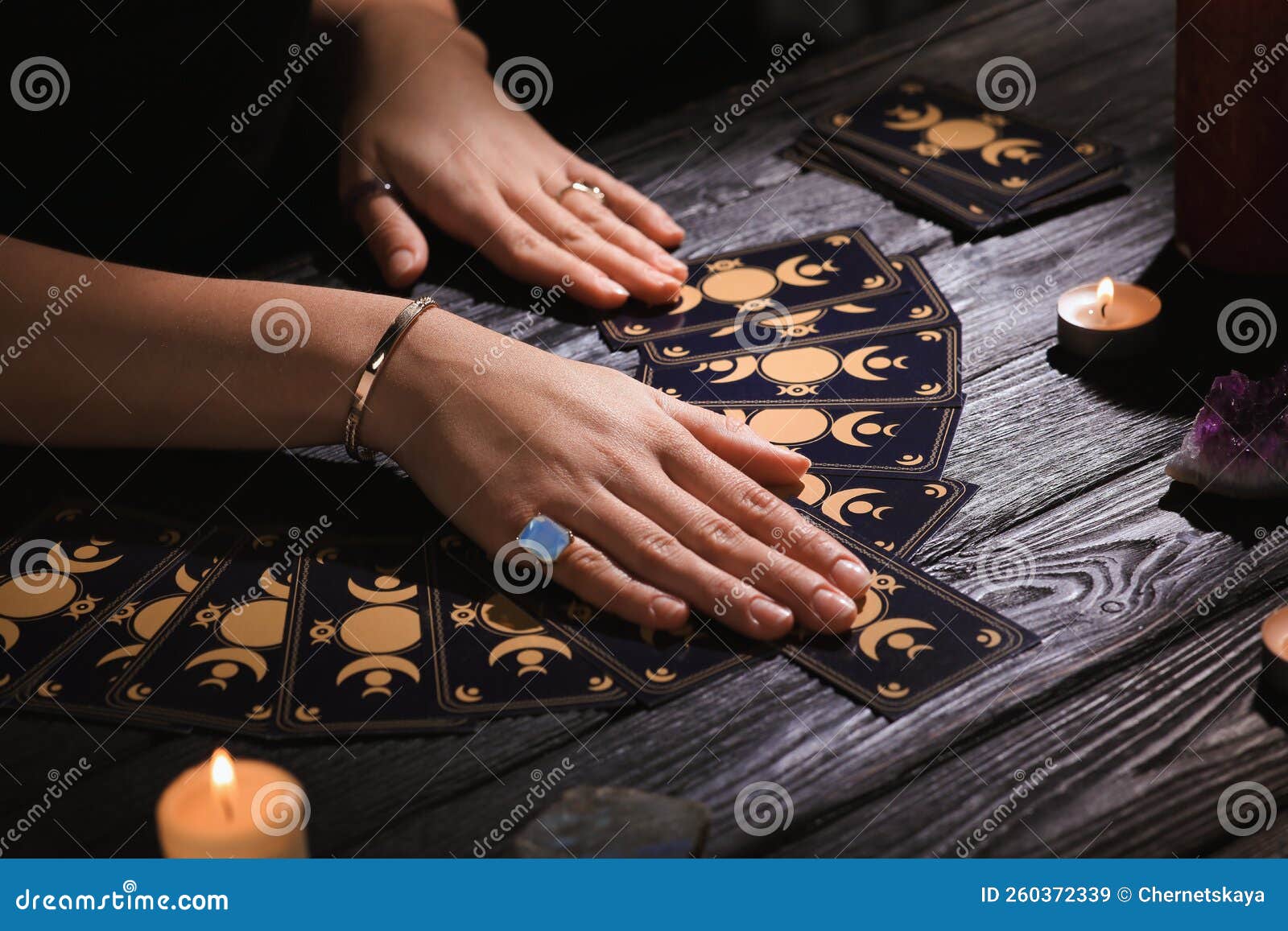 Soothsayer Predicting Future with Tarot Cards at Table in Darkness ...