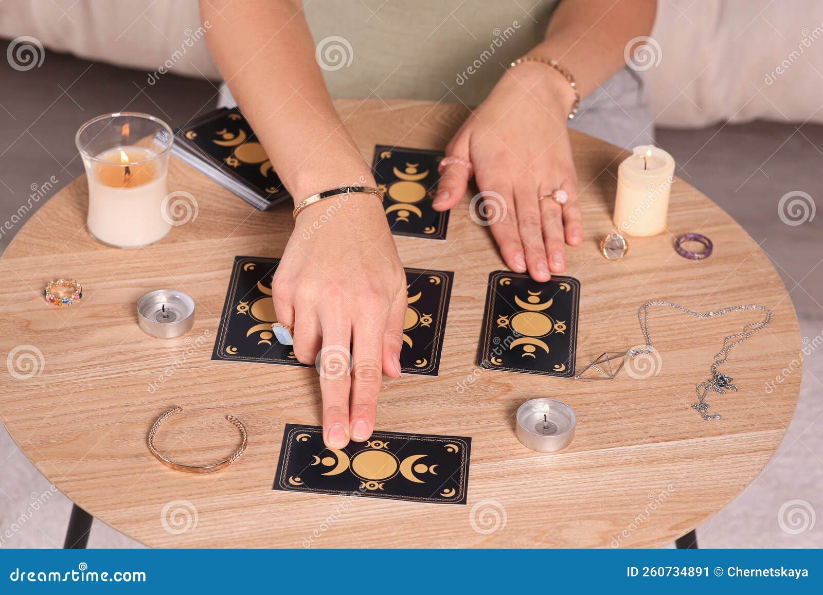 Soothsayer Predicting Future with Tarot Cards at Table Indoors, Closeup ...