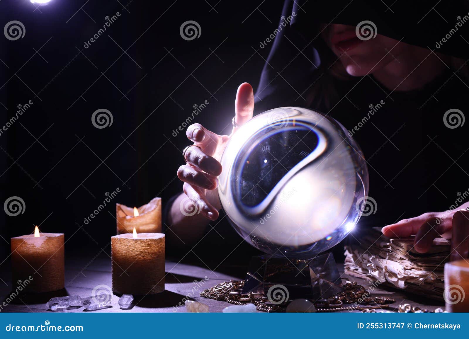 Soothsayer Using Crystal Ball To Predict Future at Table in Darkness ...