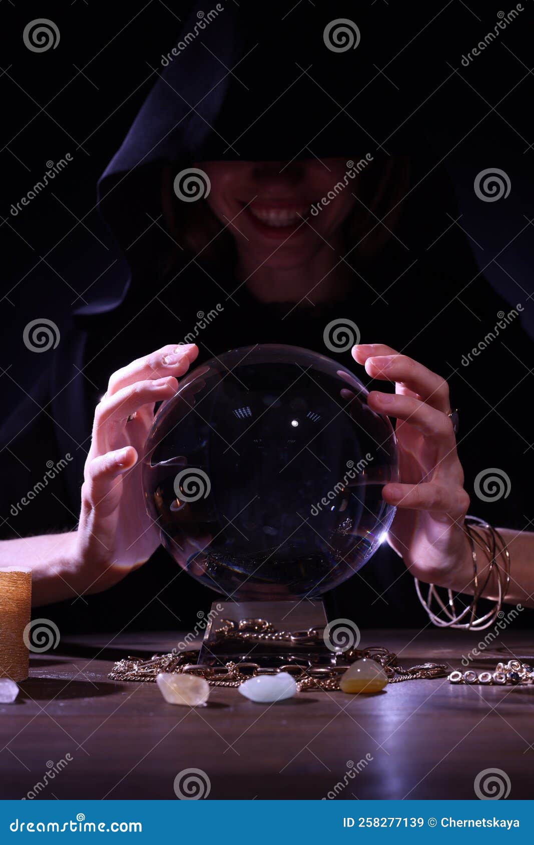 Soothsayer Using Crystal Ball To Predict Future at Table in Darkness ...