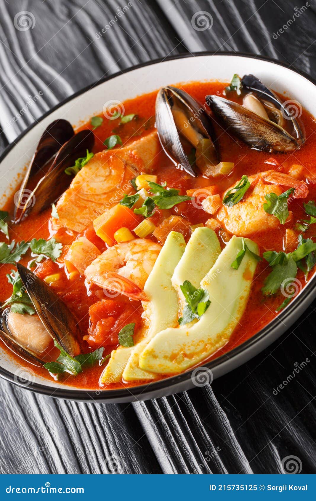 Sopa De Mariscos Seafood Soup Closeup in the Plate. Vertical Stock ...