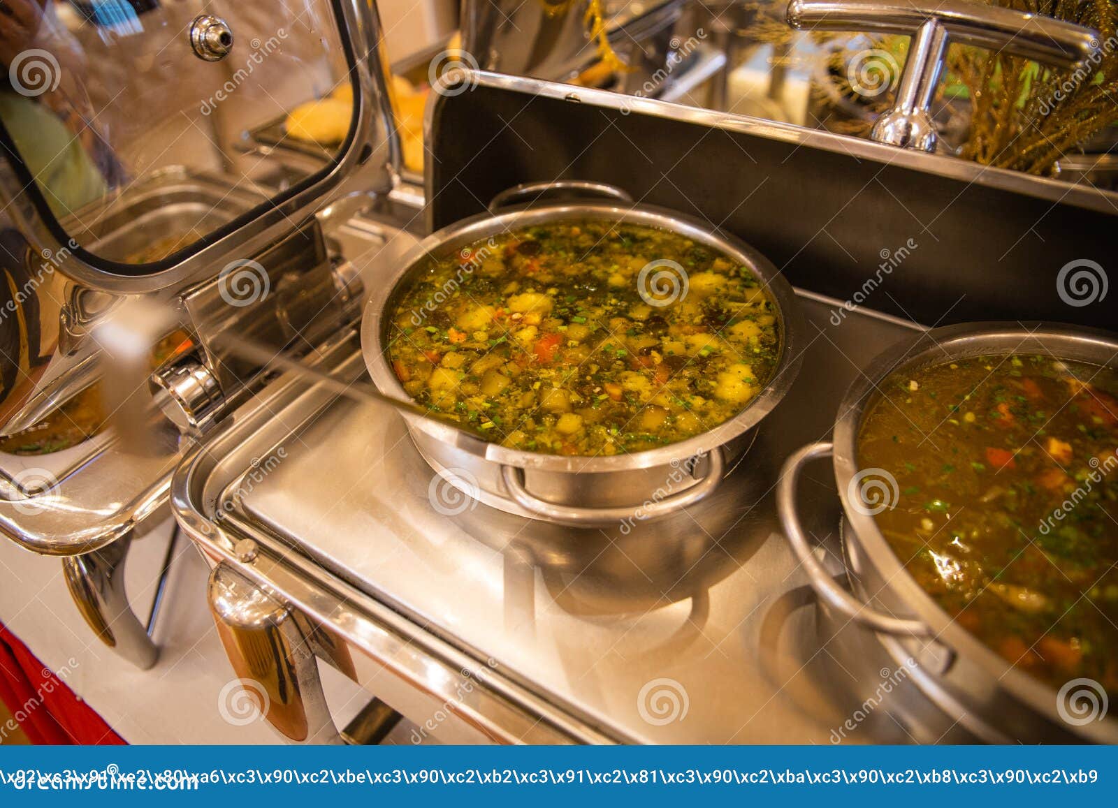 Sopas Quentes Em Vasos Em Um Buffet Foto de Stock - Imagem de partido ...