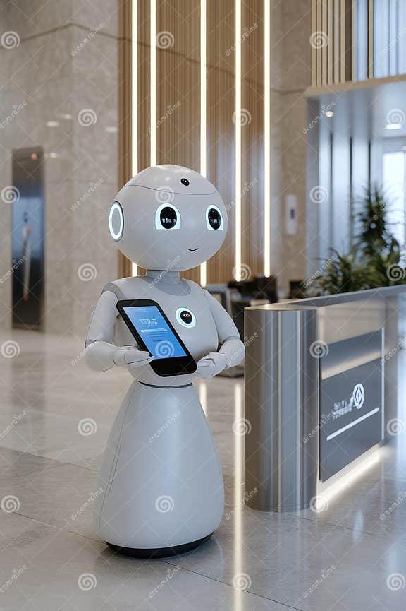 Sophisticated Humanoid Robot with Tablet Computer Navigates a Modern ...