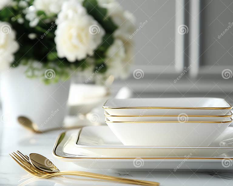 A Sophisticated Table Setting Featuring Pristine White Porcelain ...