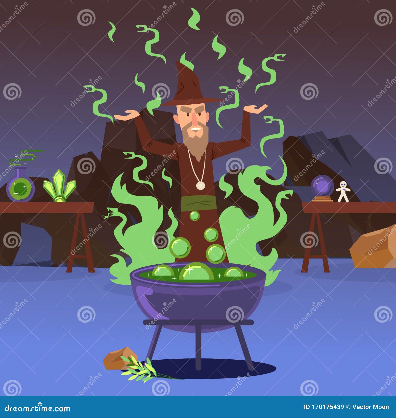 Sorcerer Casting a Spell, Vector Illustration. Evil Wizard Cartoon ...