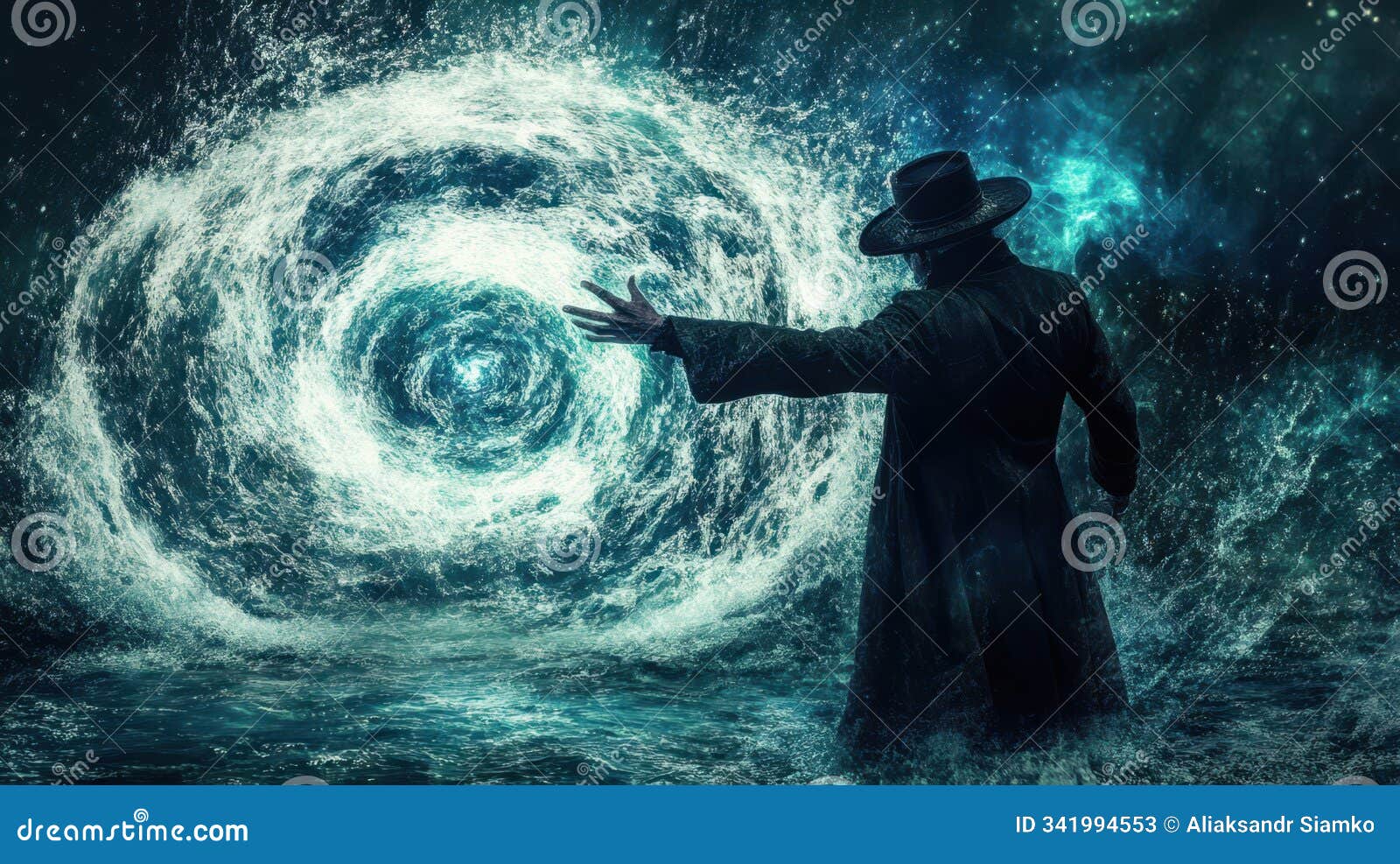 Sorcerer Conjuring Water Vortex in Mystical Backdrop Stock Illustration ...