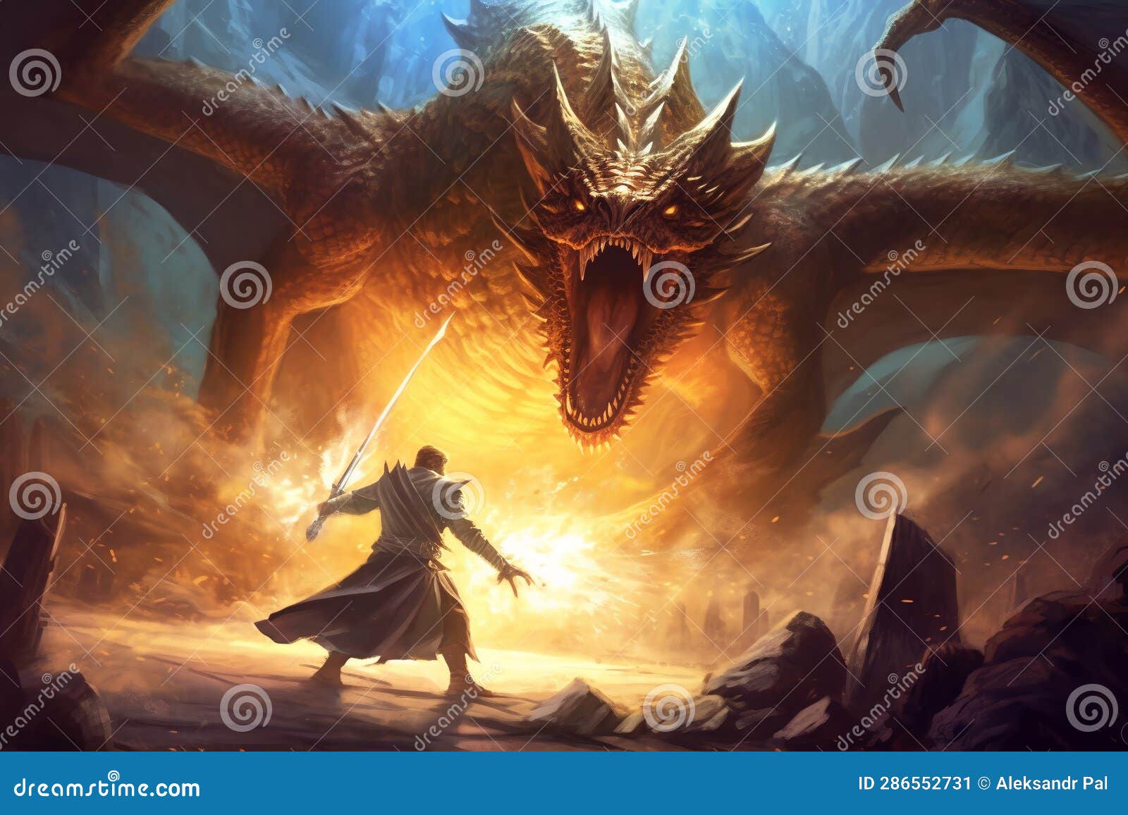 Sorcerer Magic Battle Casting Spell Against Dragon. Ai Generative Stock ...