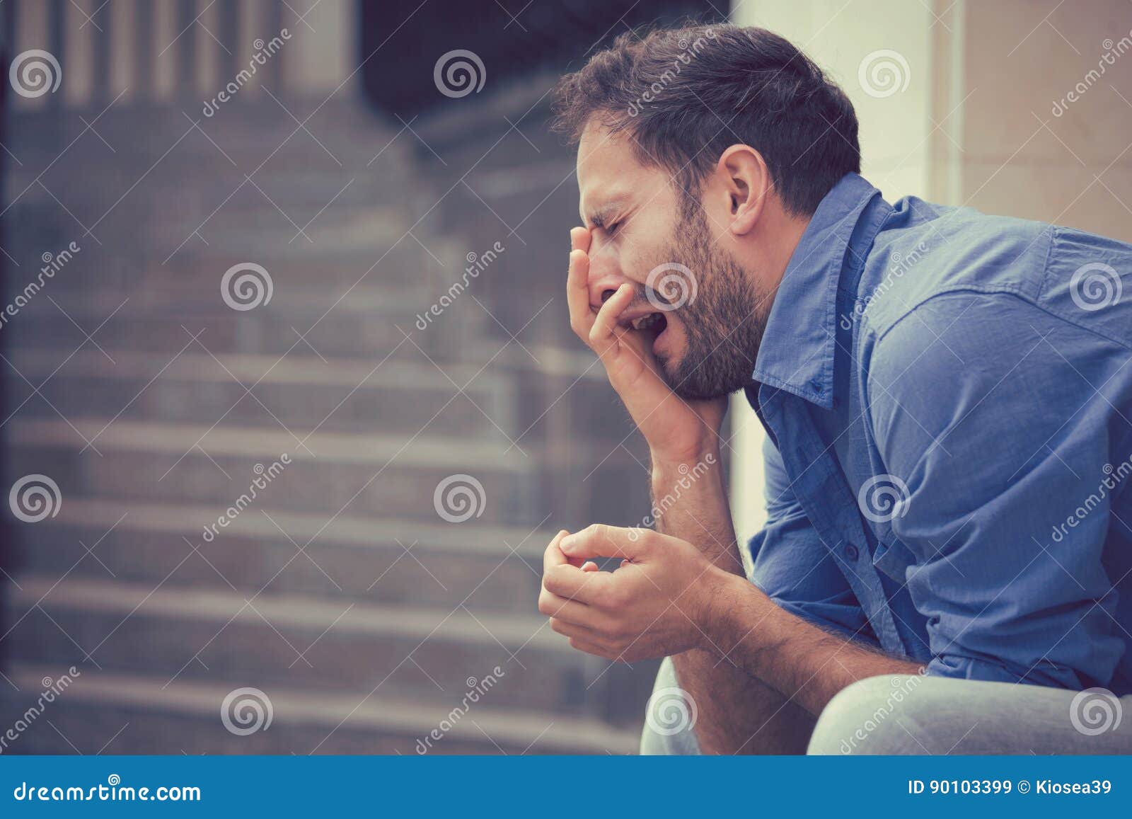Sorrowful Crying Man Sitting on Steps Outdoors Stock Image - Image of ...