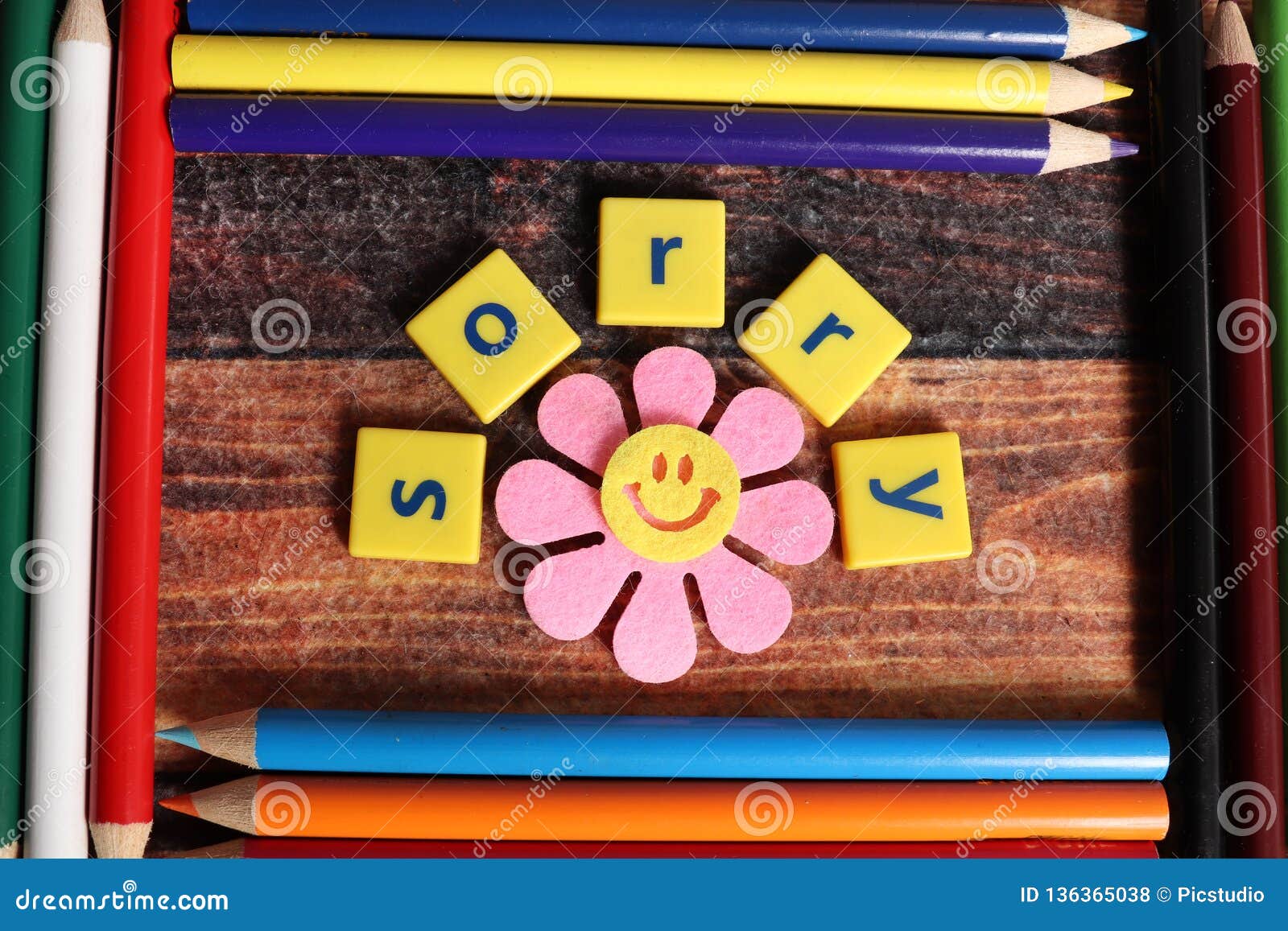 Sorry stock photo. Image of frame, colored, flower, pencil - 136365038