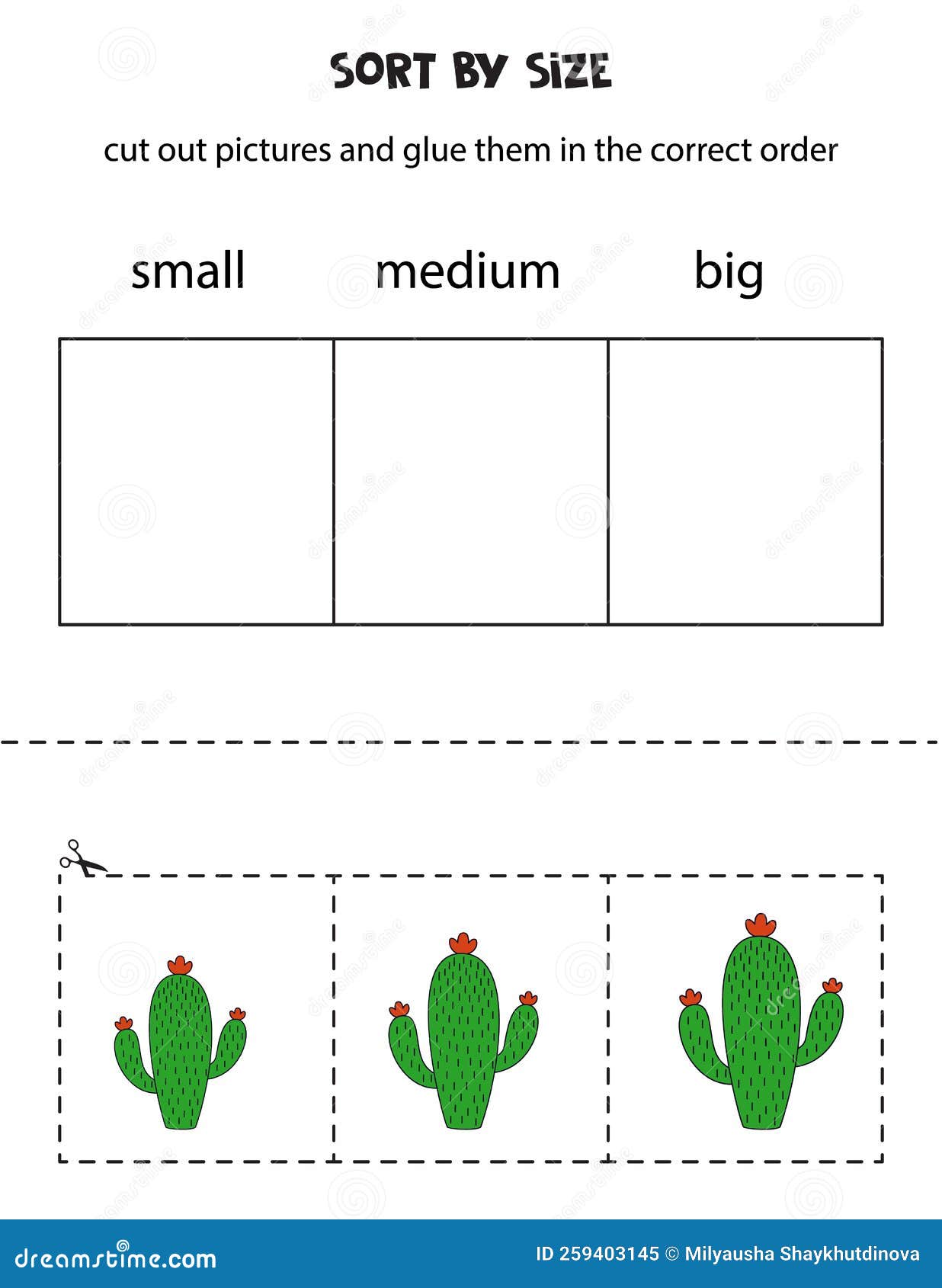 Sort Pictures by Size. Educational Worksheet for Kids Stock ...