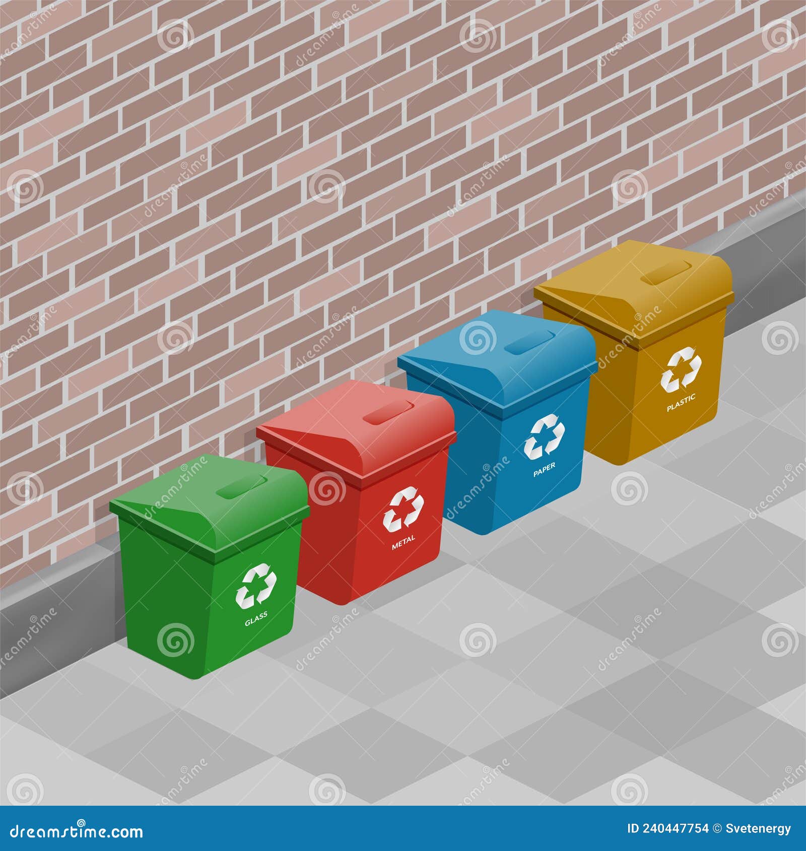 Garbage Cans Isolated Against a Brick Wall. Vector Isometric ...