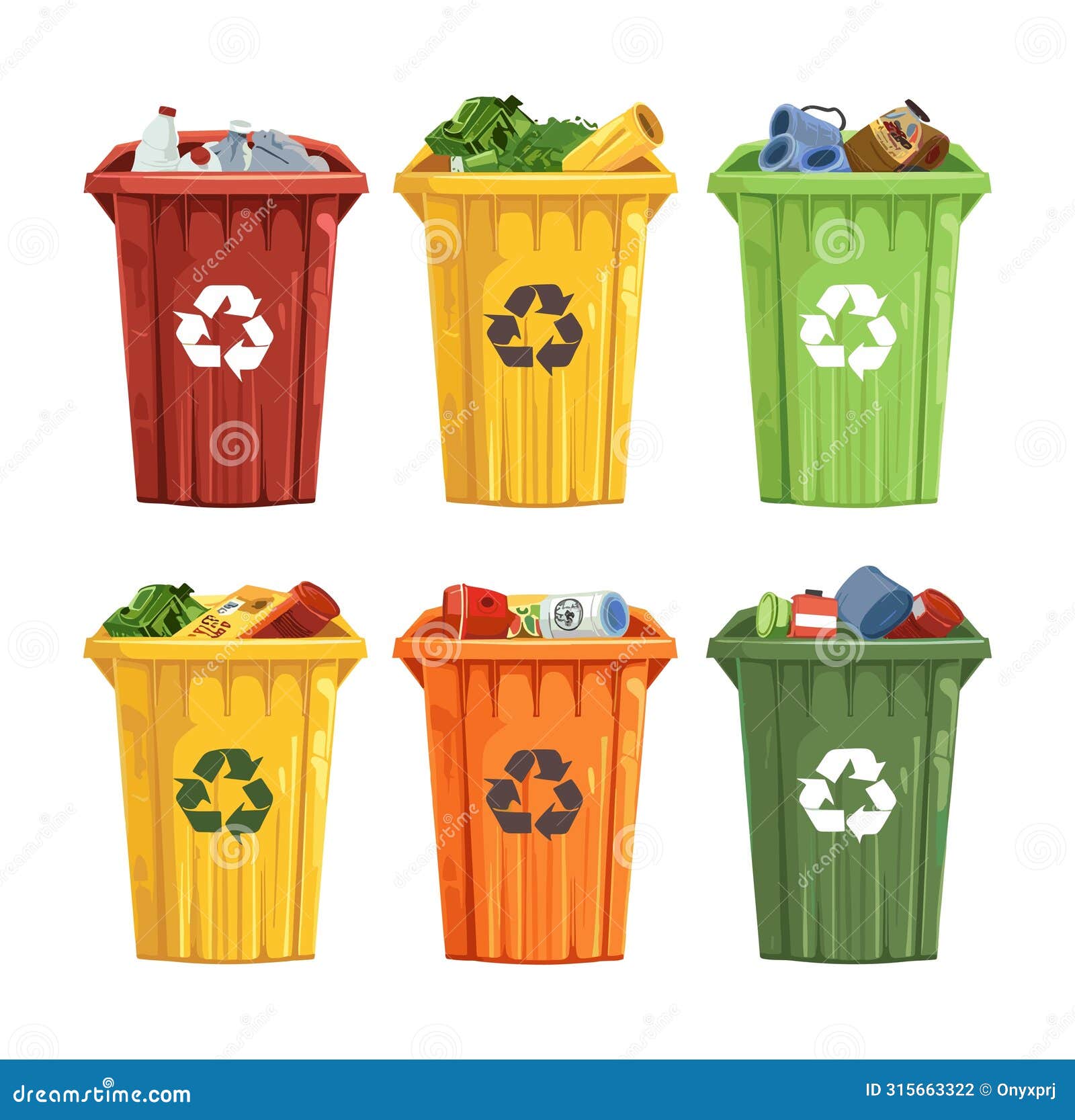 Sorting Garbage Containers Cartoon Vector Set. Plastic Food Paper Glass ...