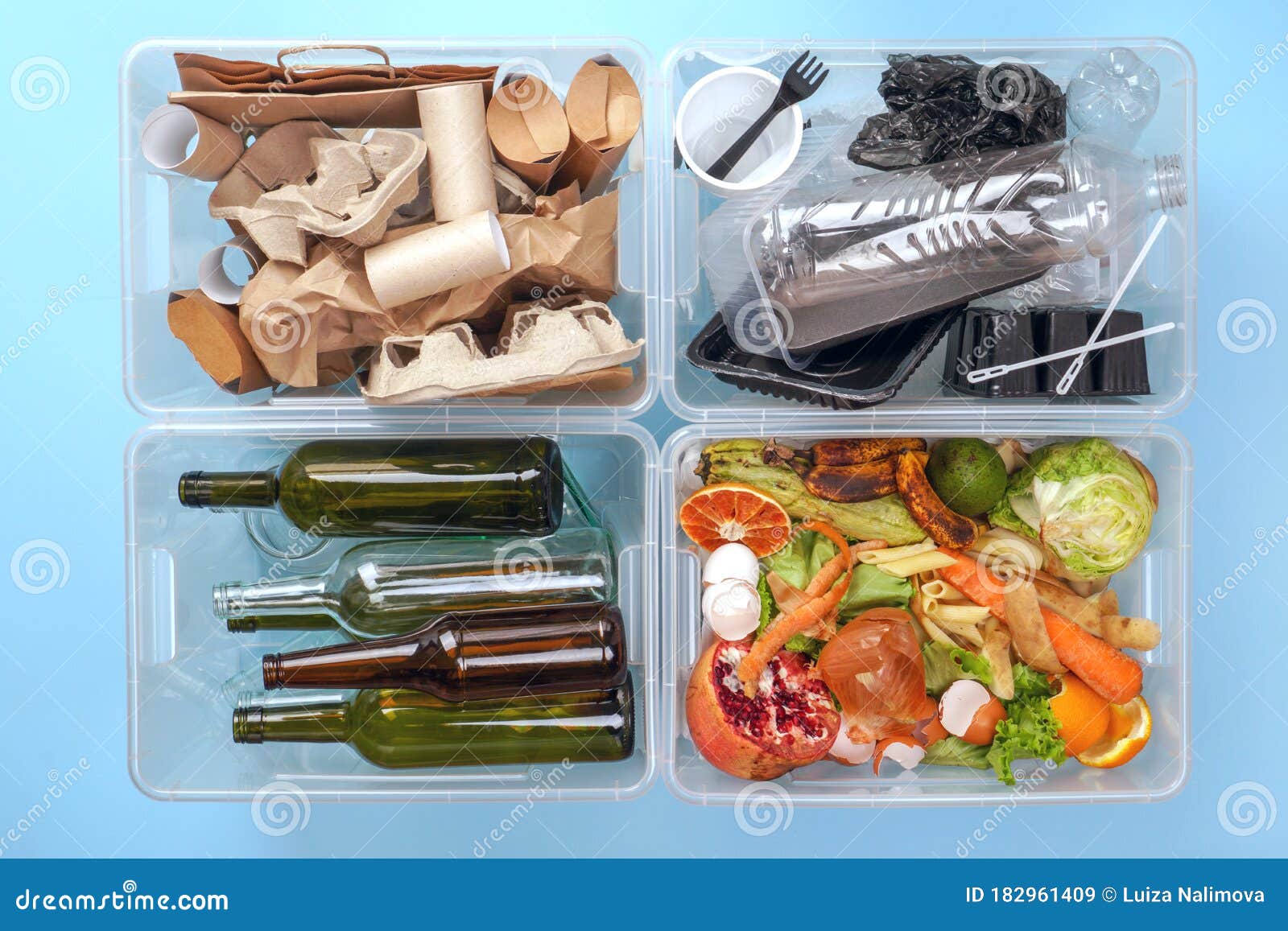 Sorting Garbage. Four Transparent Containers with Trash on a Blue ...