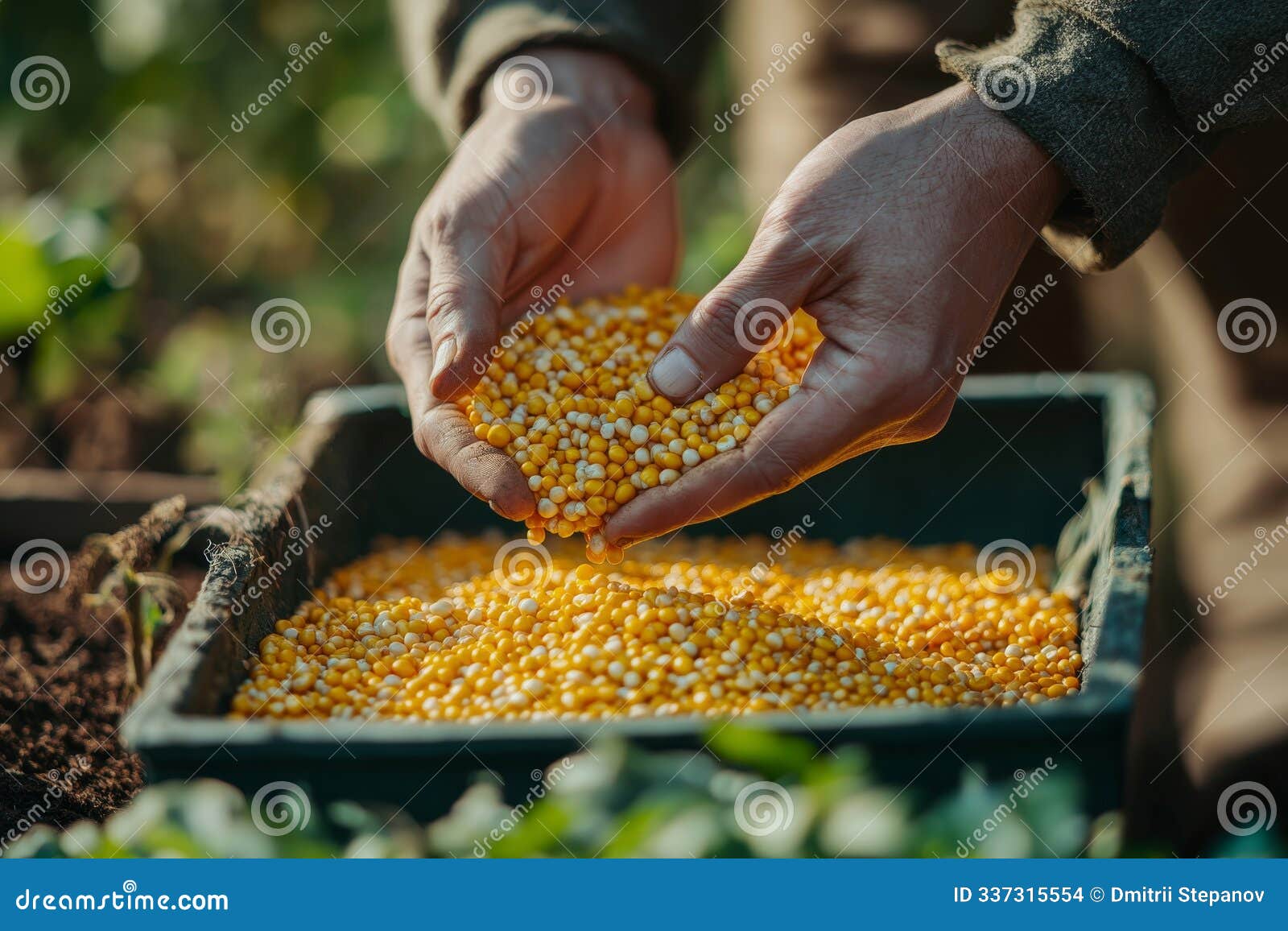 Sorting And Piling Corn Seeds By Hand In A Spring Vegetable Garden A ...