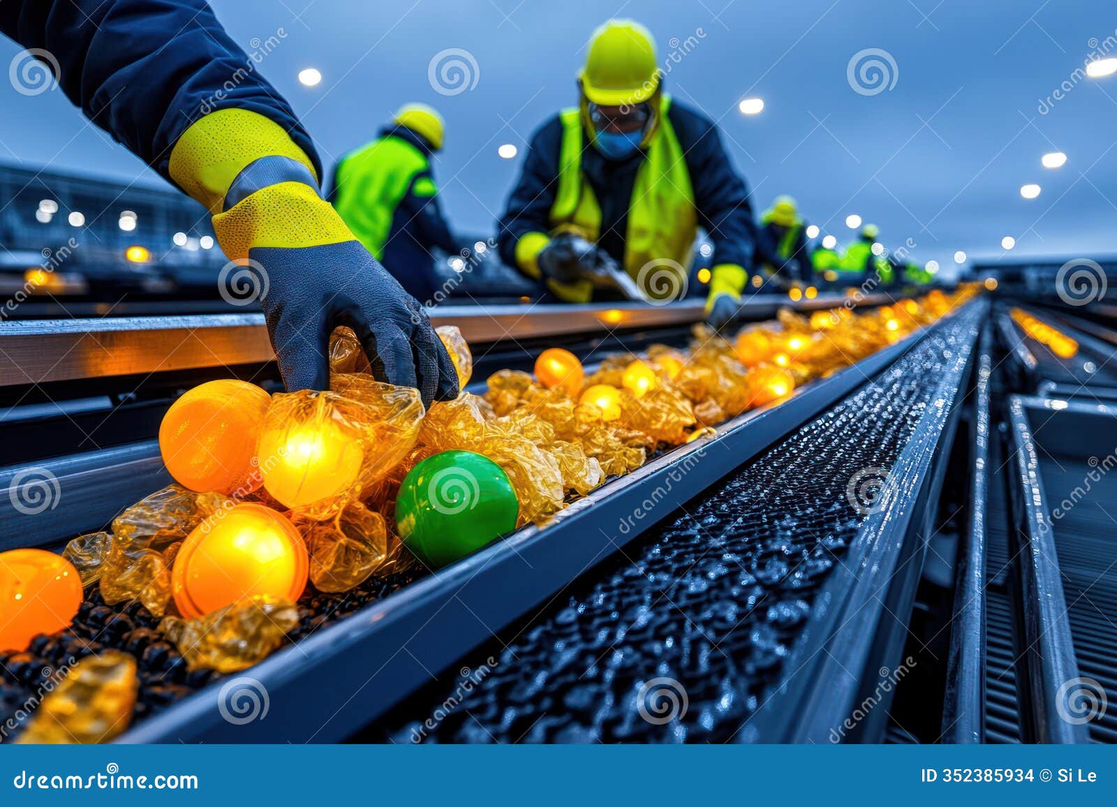 Sorting Plastic Waste: Workers in Protective Gear Sorting Garbage on ...