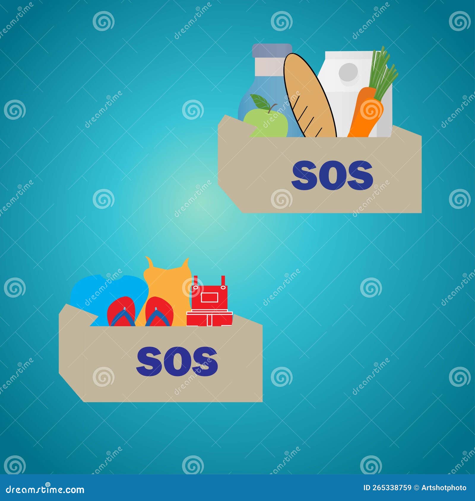 Two Cardboard Boxes with Sos Word Written on Them, One with Food and ...