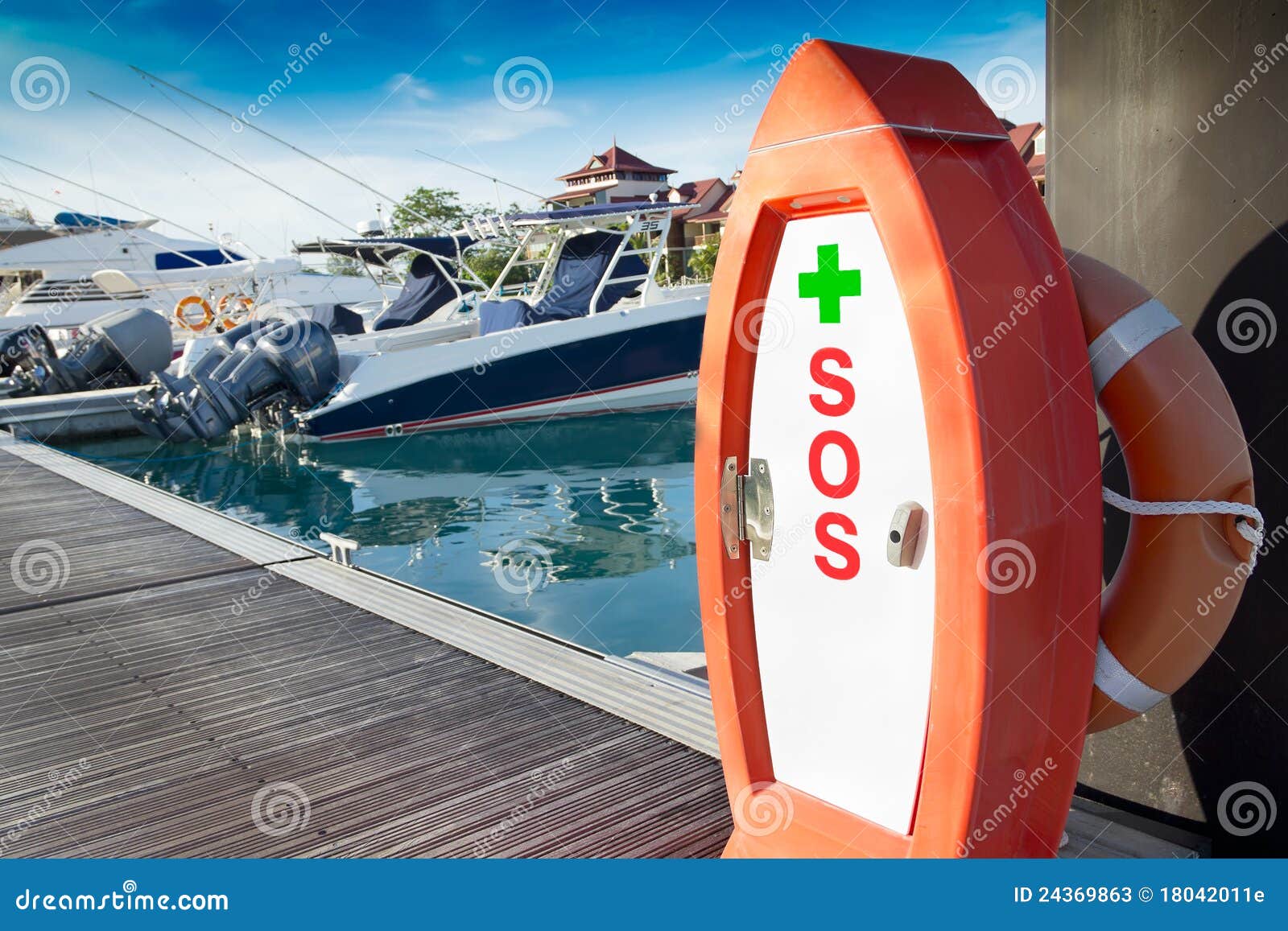 SOS First Aid Kit, on Marina Harbor Stock Image - Image of orange, help ...