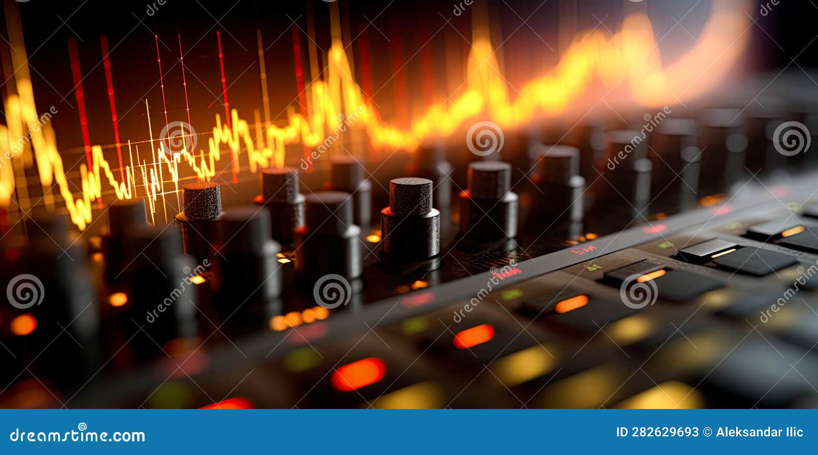 Sound and Audio Mixer Control Panel with Buttons and Sliders Closeup ...