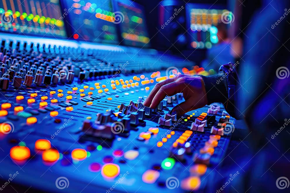 A Sound Engineer Intently Adjusts Knobs and Buttons on a Large Mixing ...