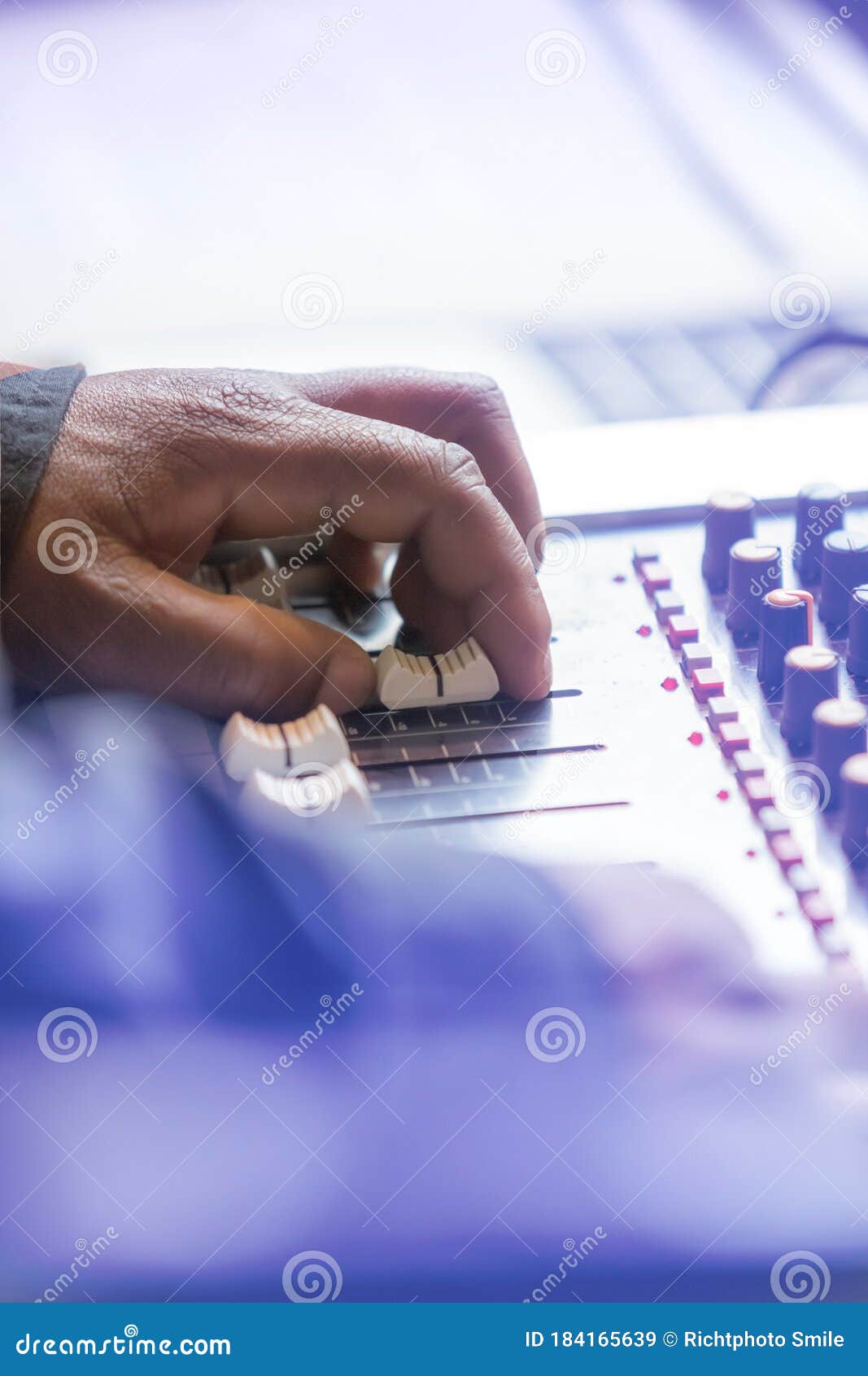 Sound Engineers Hand on Mixing Desk Slider Stock Image - Image of ...