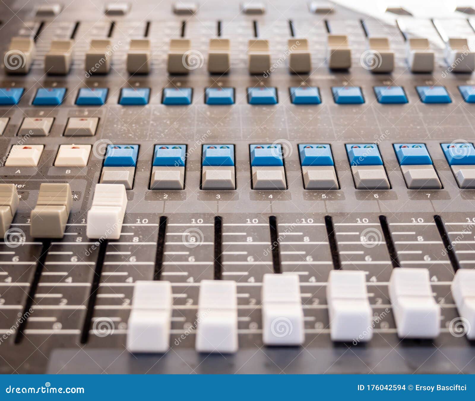 Sound Mixer Control Panel with Sliders and Buttons Closeup. Selective ...