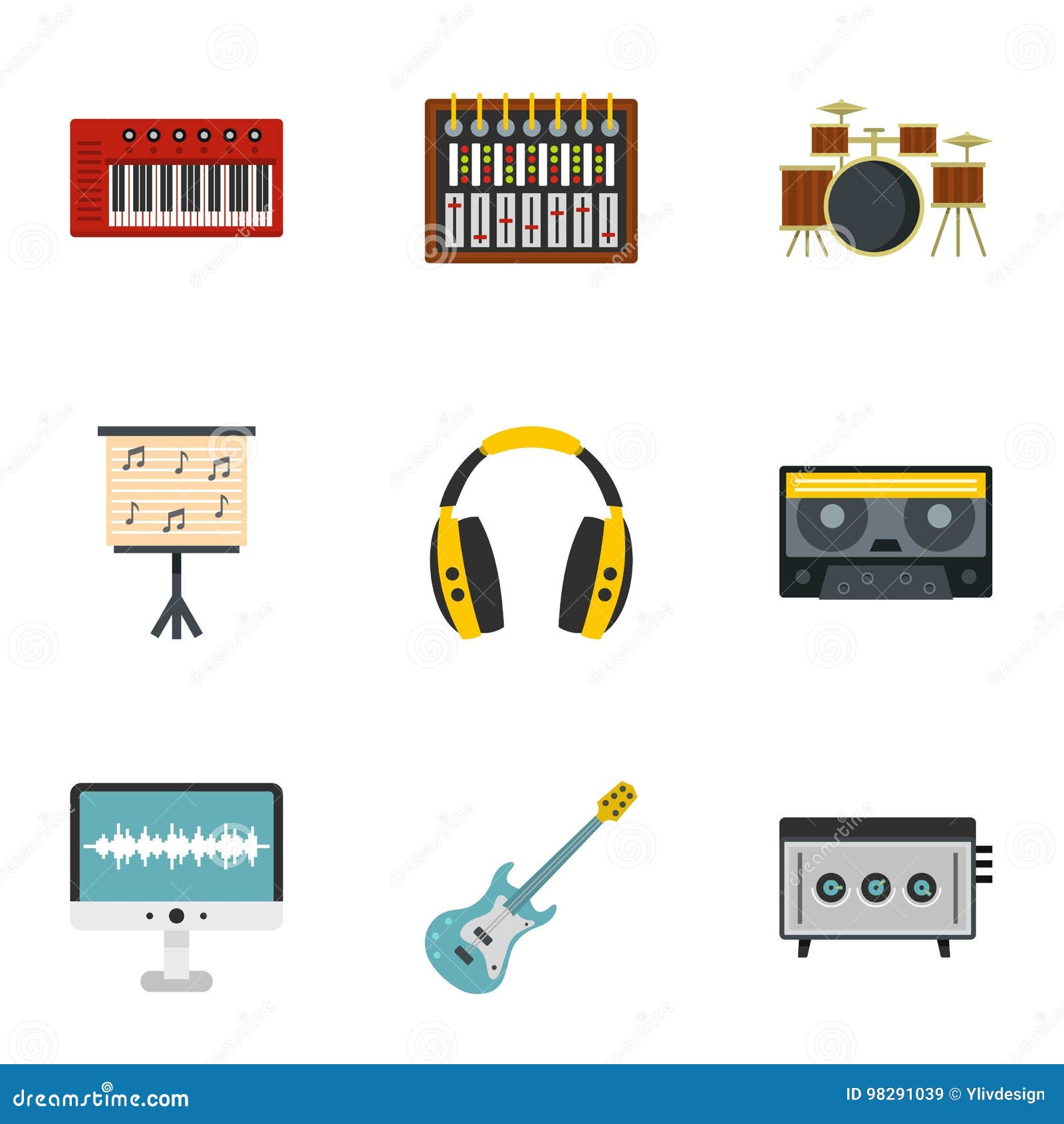 Sound Studio Icon Set, Flat Style Stock Vector - Illustration of ...