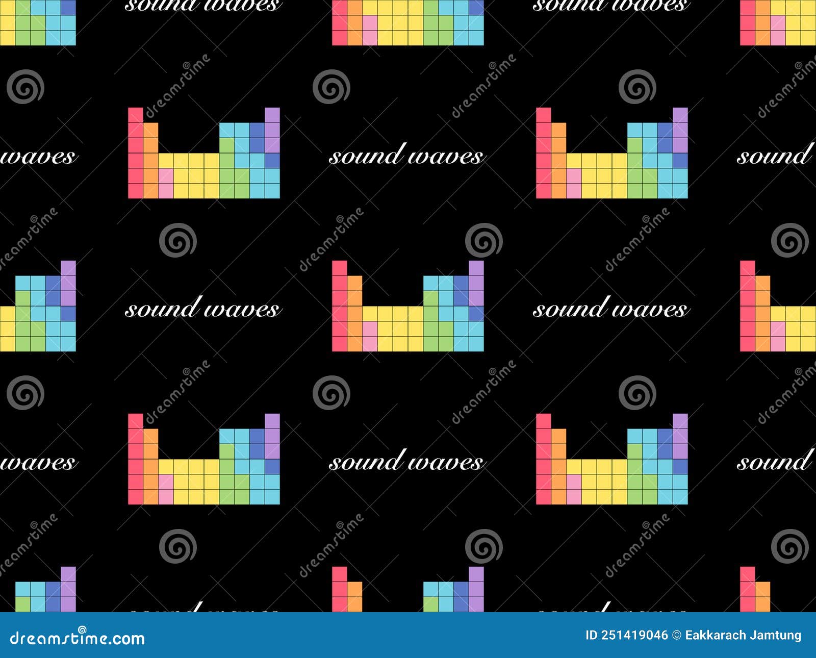 Sound Waves Seamless Pattern on Black Background. Pixel Style Stock ...