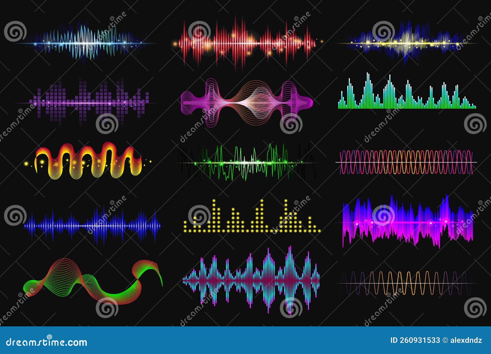 Sound Waves Set in Cartoon Design. Bundle of Different Shapes of ...