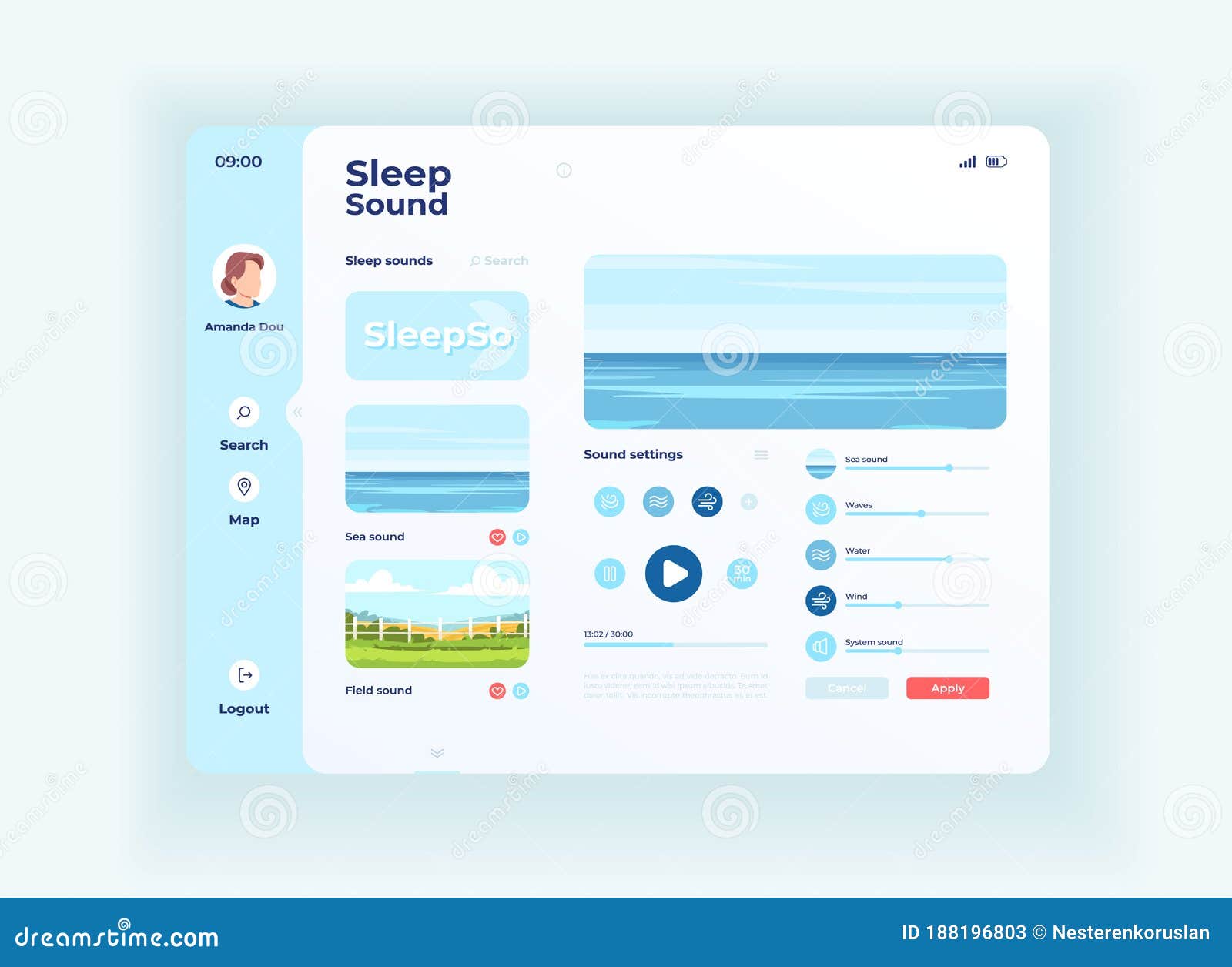 Sounds for Sleep Tablet Interface Vector Template Stock Vector ...