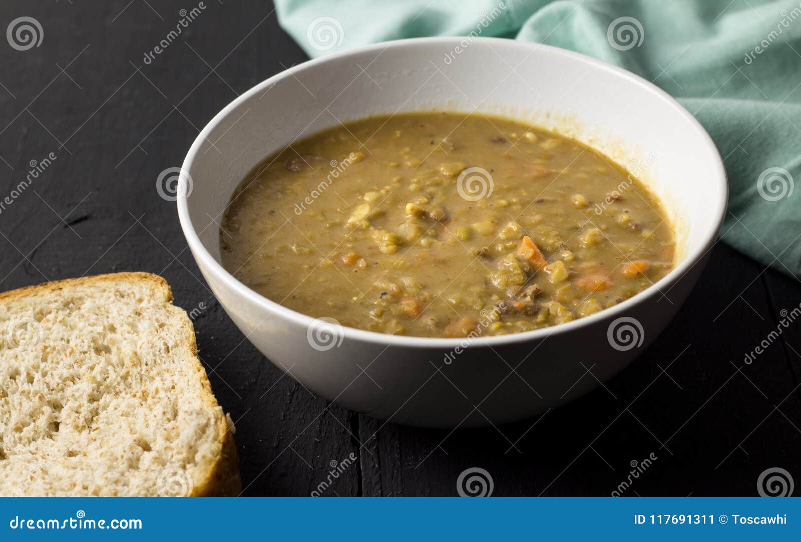 Soup and Bread on Rustic Black Table Stock Image - Image of fresh, bowl ...